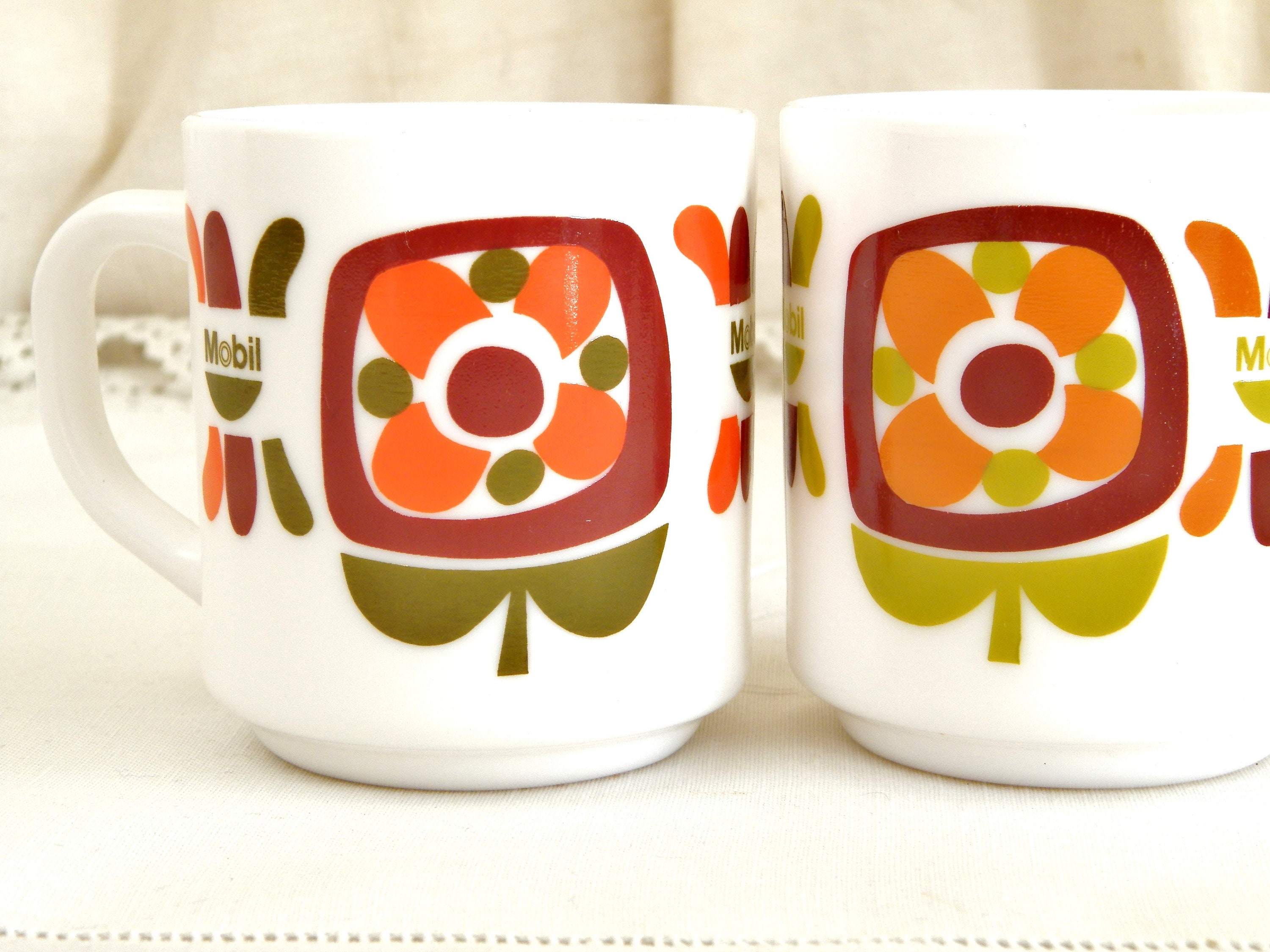 2 Vintage French 1970s White Milk Glass Coffee Mugs Promotional Gift by ...