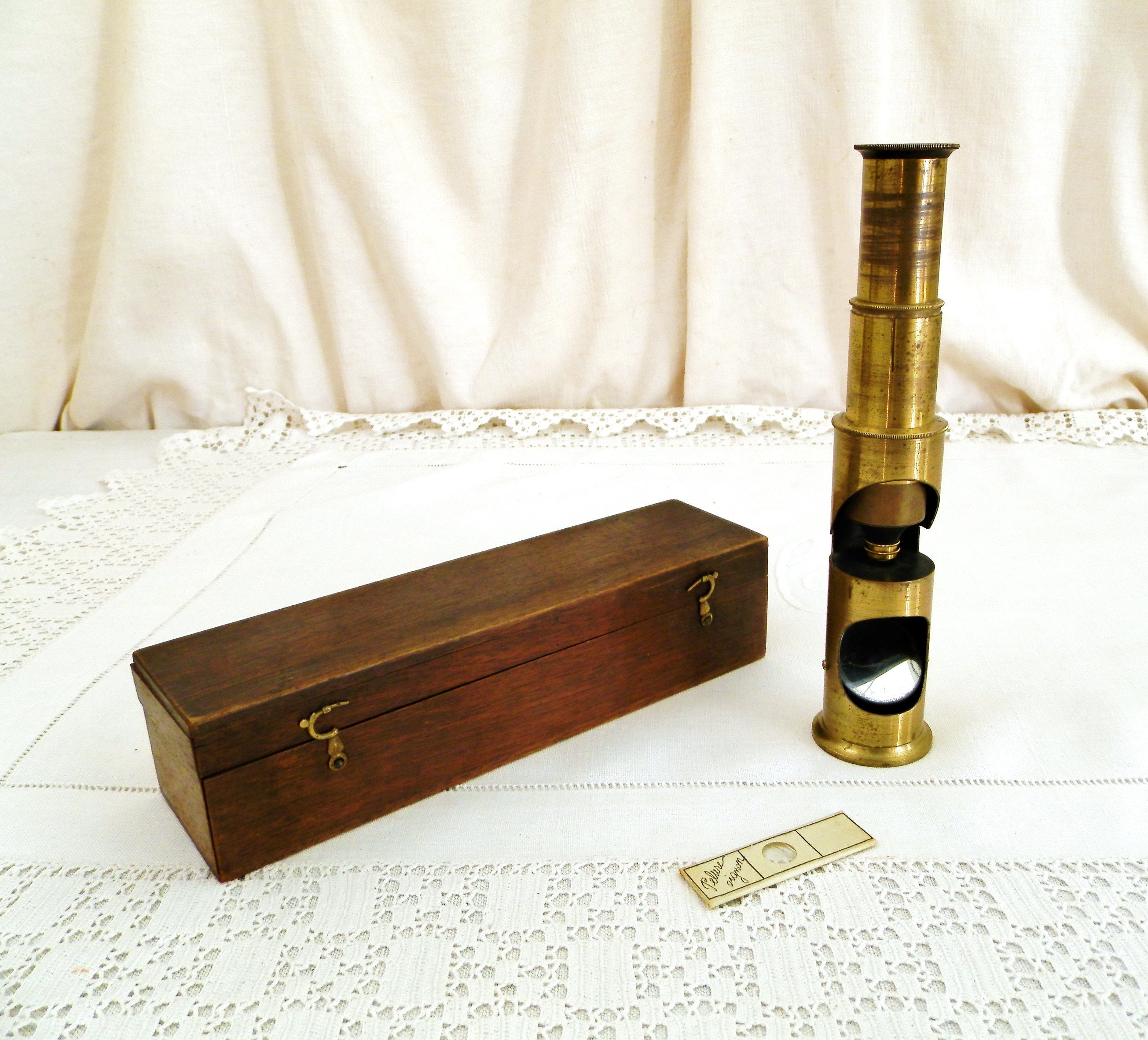 Antique 19th C Boxed Brass Field Microscope with Glass Slide, Victorian ...