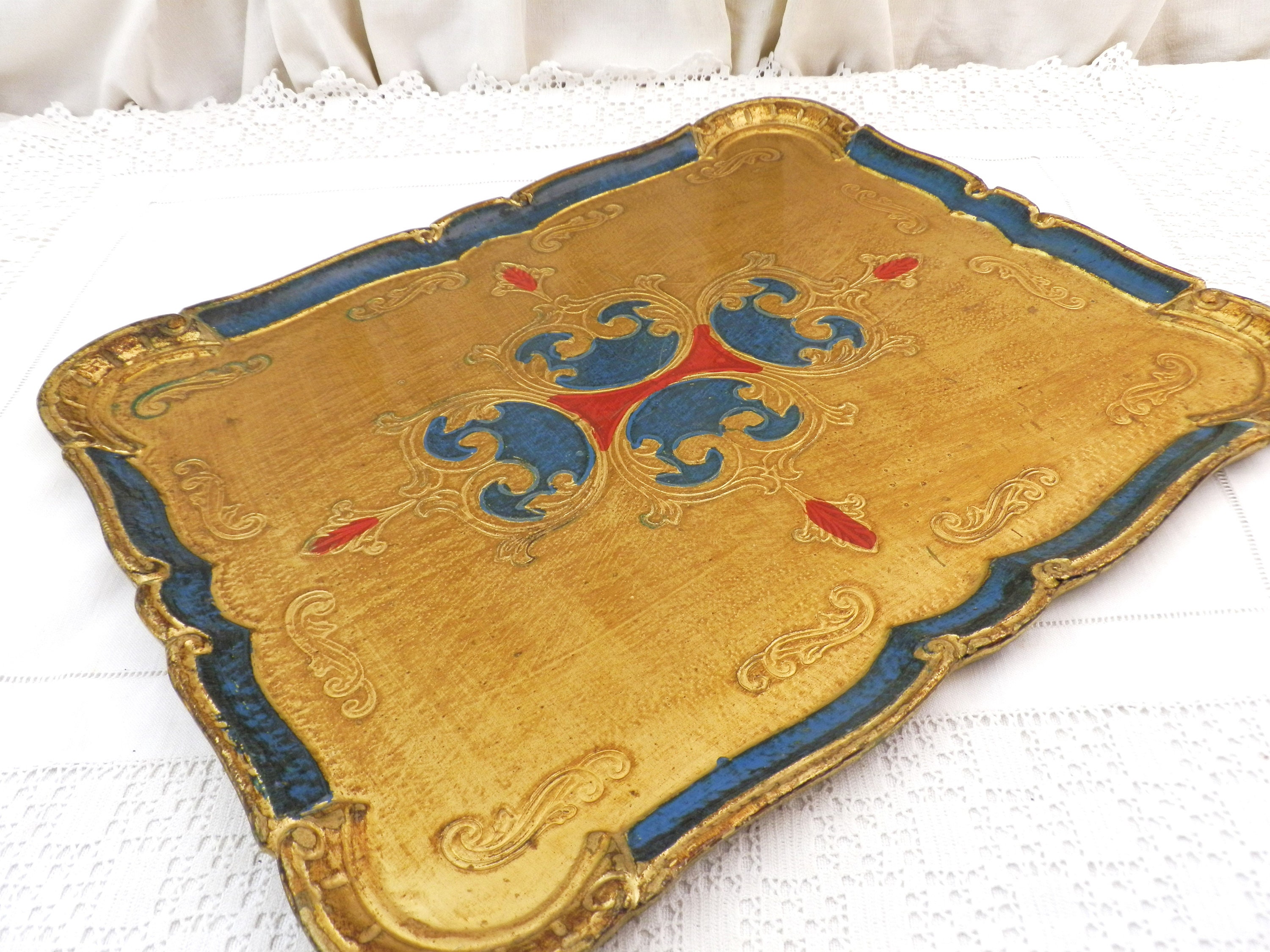 Vintage Gold and Blue Colored Venetian Style Rectangular Serving Tray ...