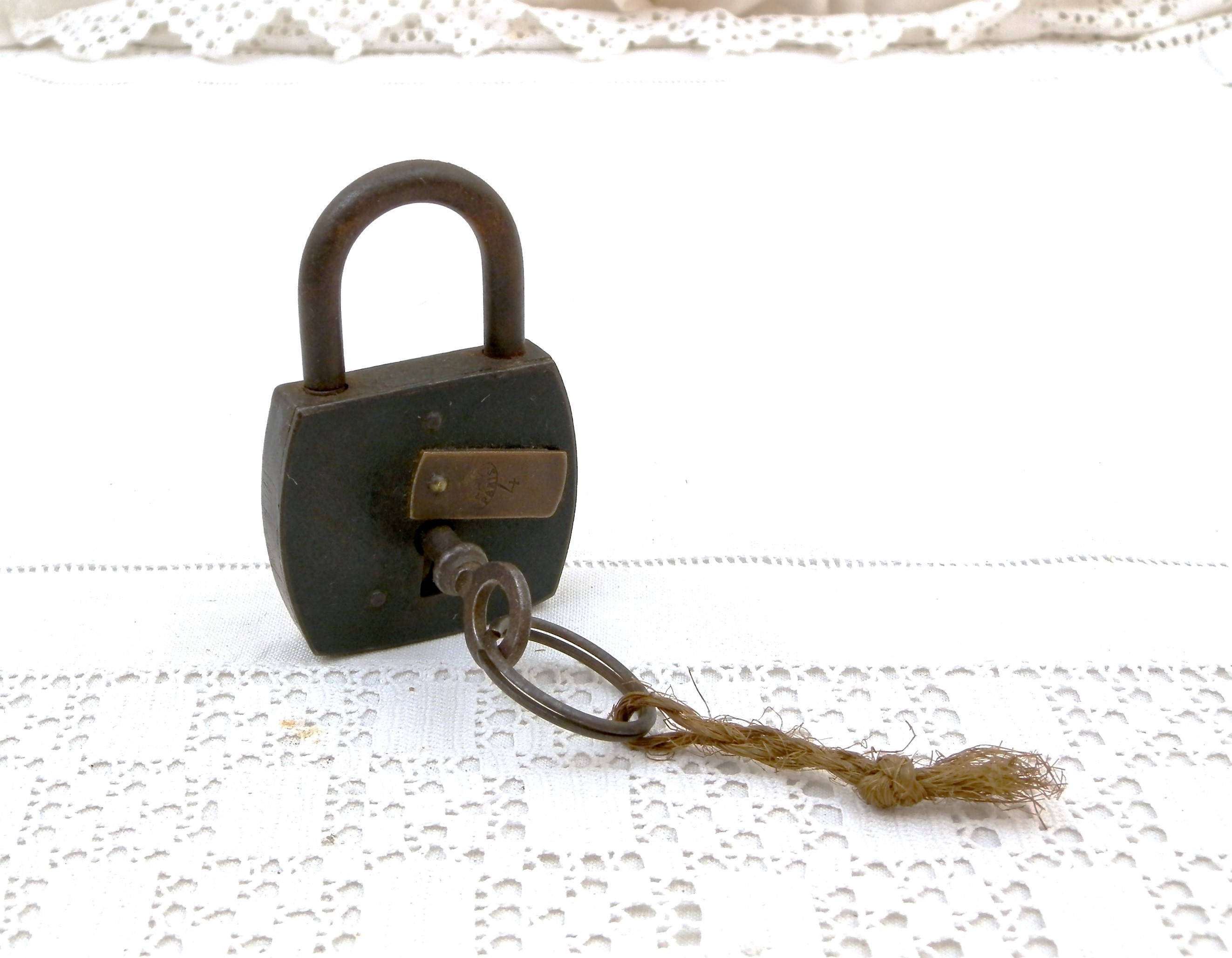 French Antique Working Black Patina Iron and Copper Padlock with Key by ...