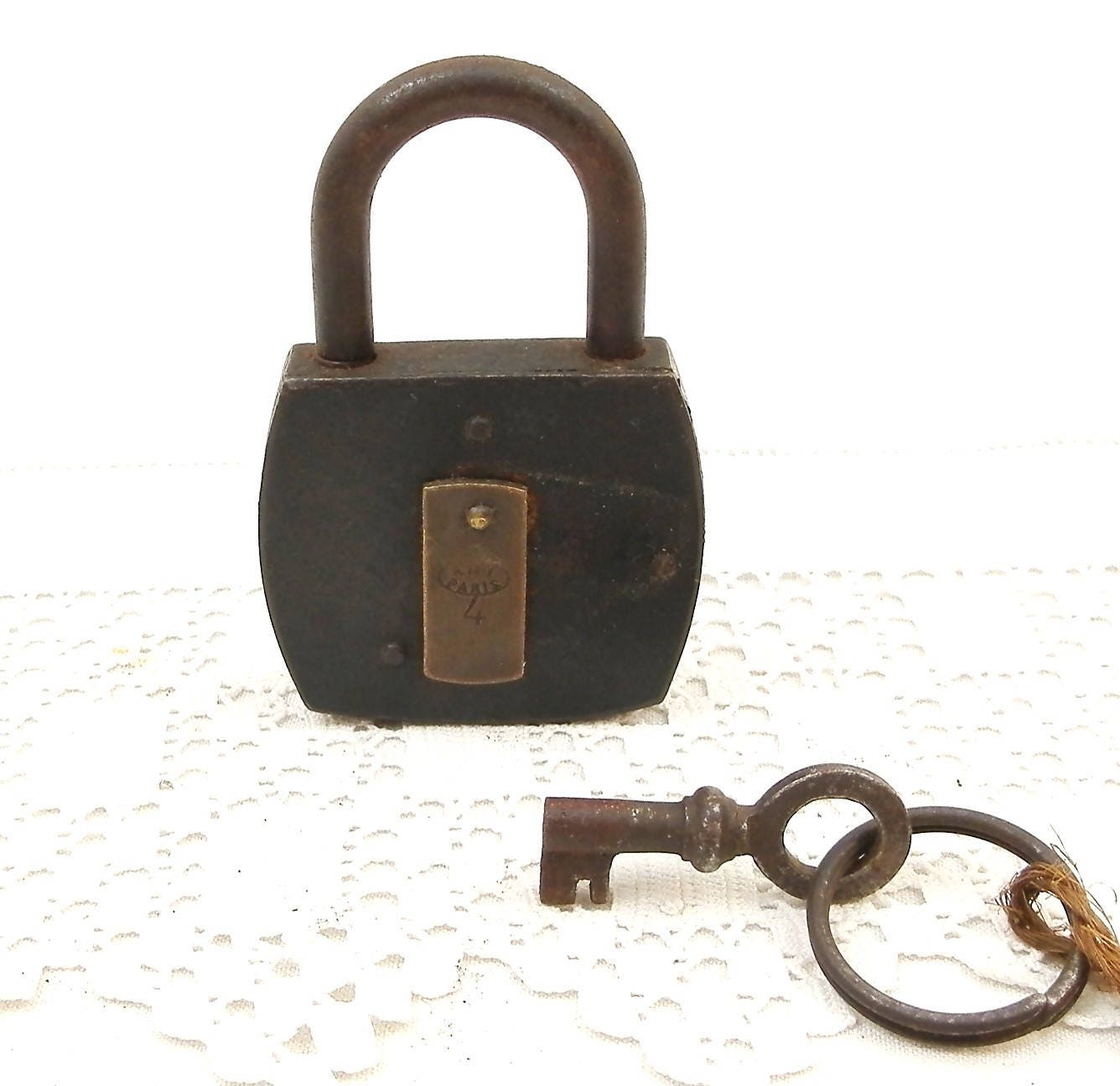 French Antique Working Black Patina Iron and Copper Padlock with Key by ...