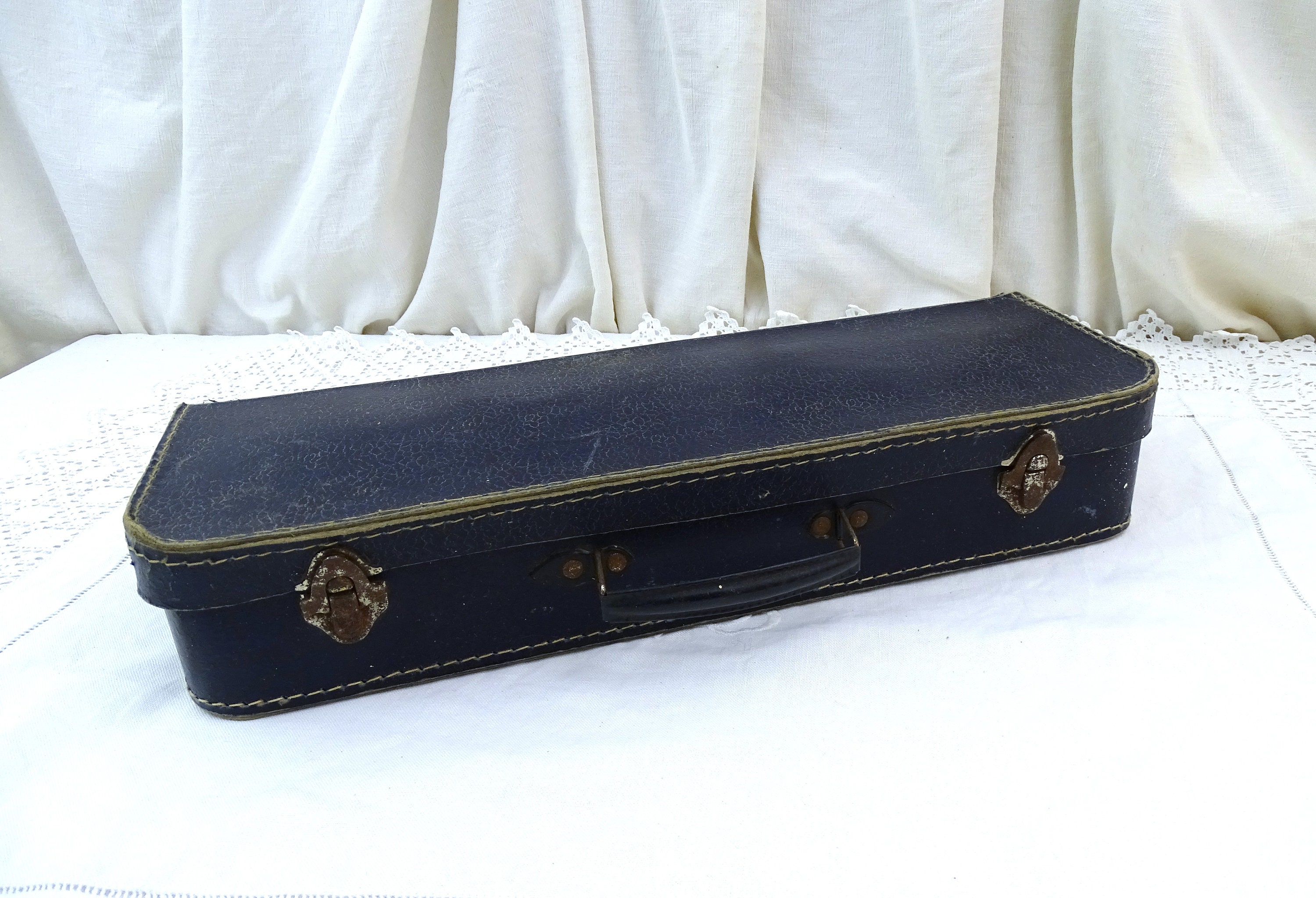 Long Thin Vintage French Dark Blue Cardboard Suitcase with Metal Handle ...