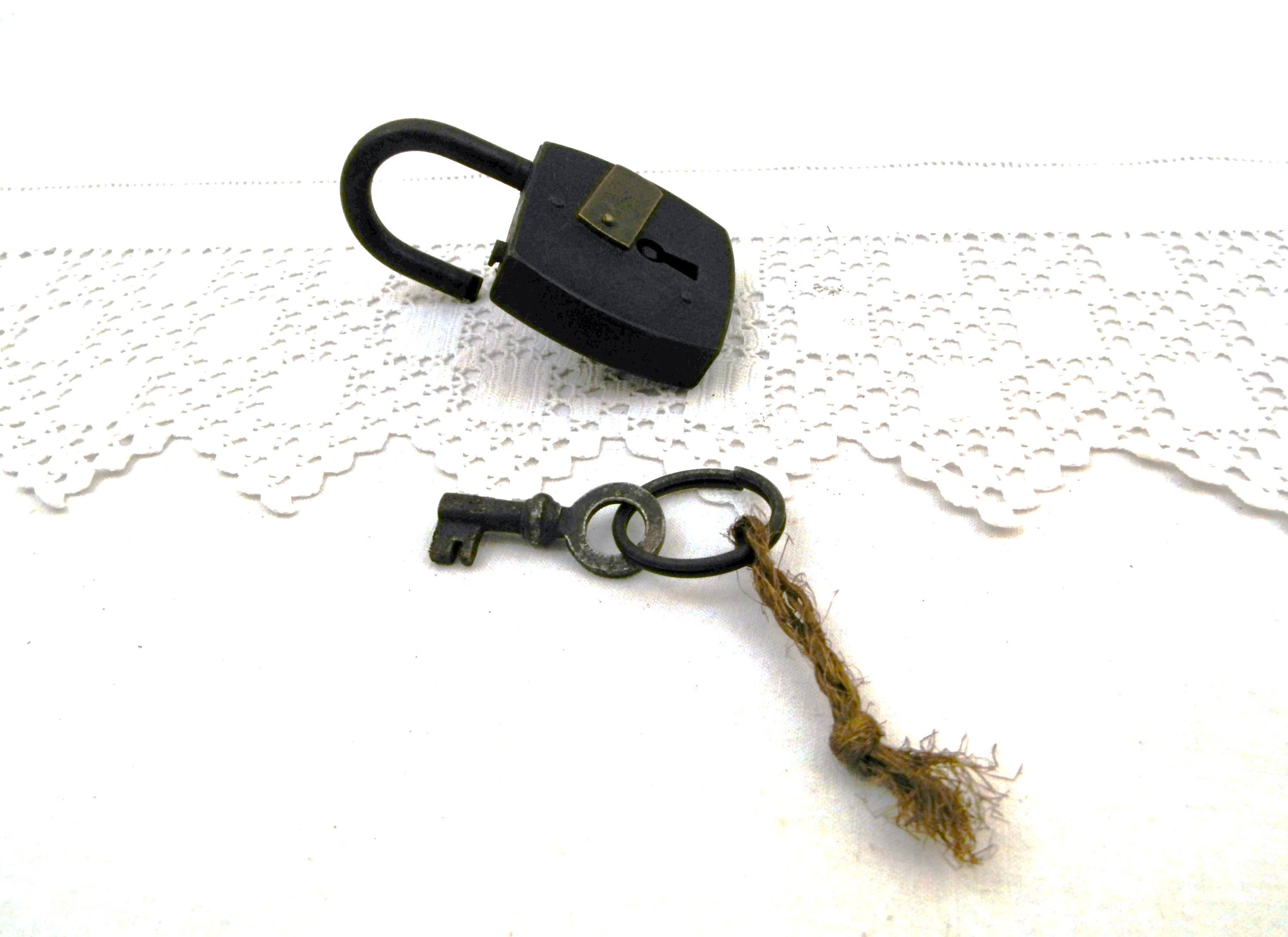 French Antique Working Black Patina Iron and Copper Padlock with Key by ...