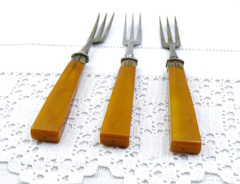 3 Antique French Dessert Forks With Dark Butterscotch Bakelite Handles ...