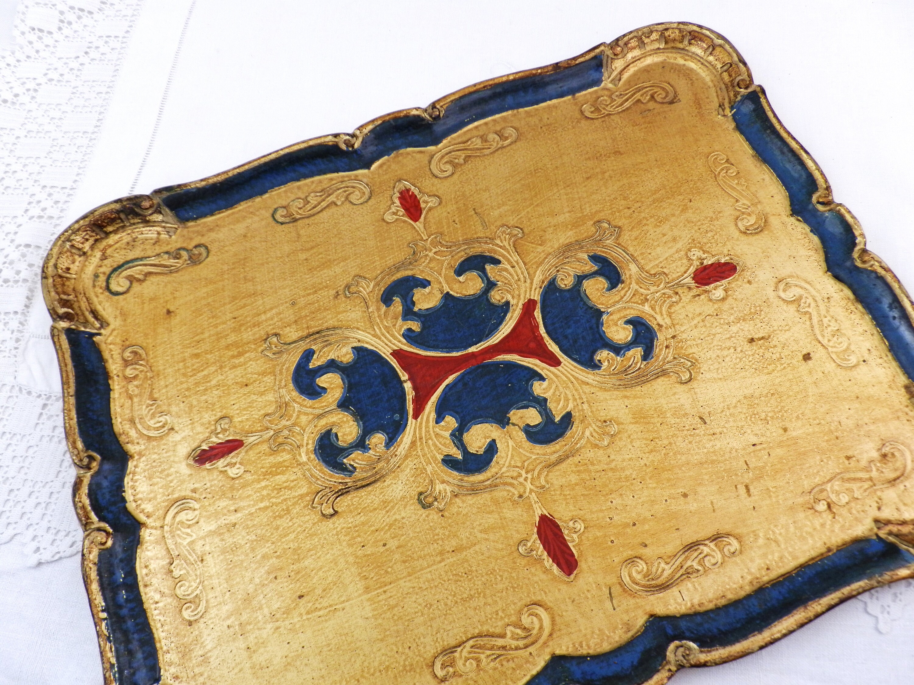 Vintage Gold and Blue Colored Venetian Style Rectangular Serving Tray ...