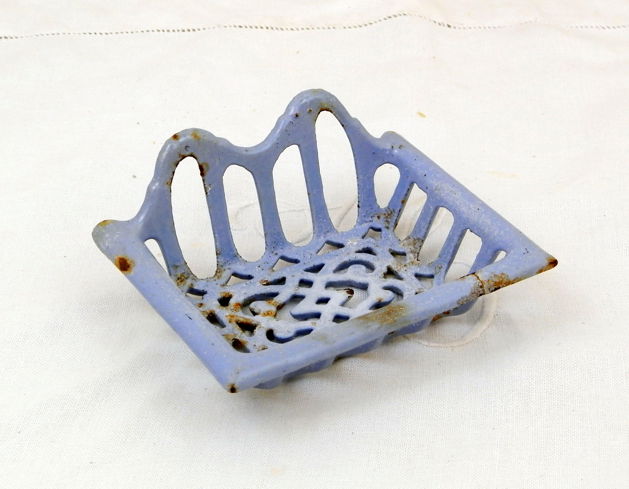 Small Antique Cast Iron Enameled Sky Blue Wall Hanging Soap Holder ...
