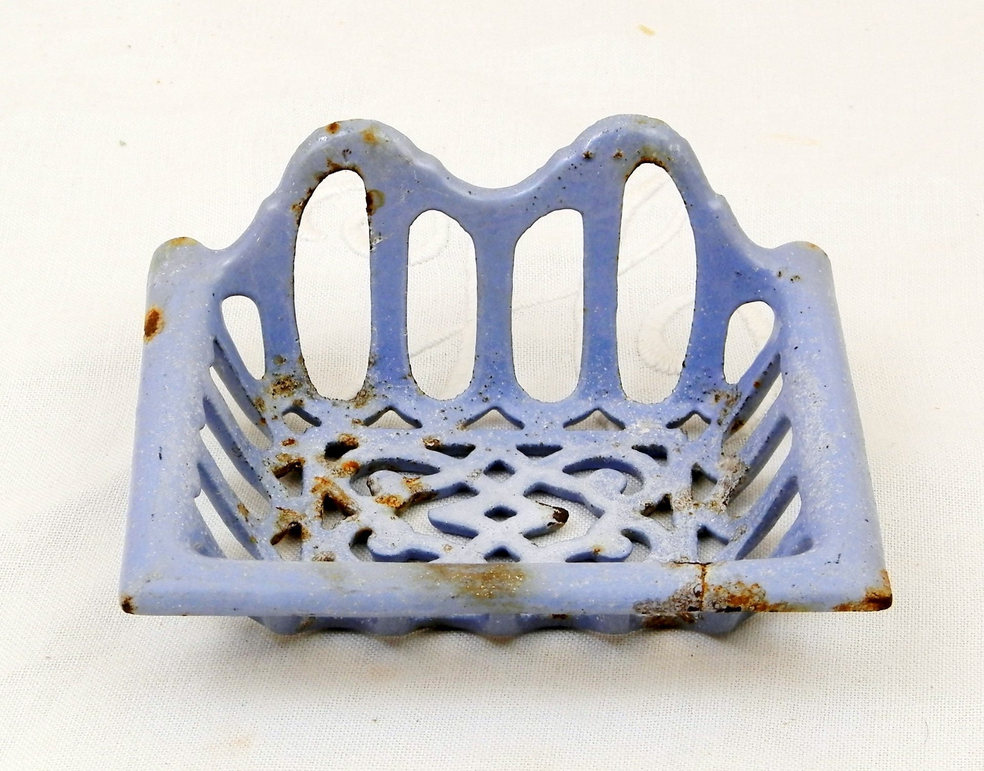 Small Antique Cast Iron Enameled Sky Blue Wall Hanging Soap Holder ...