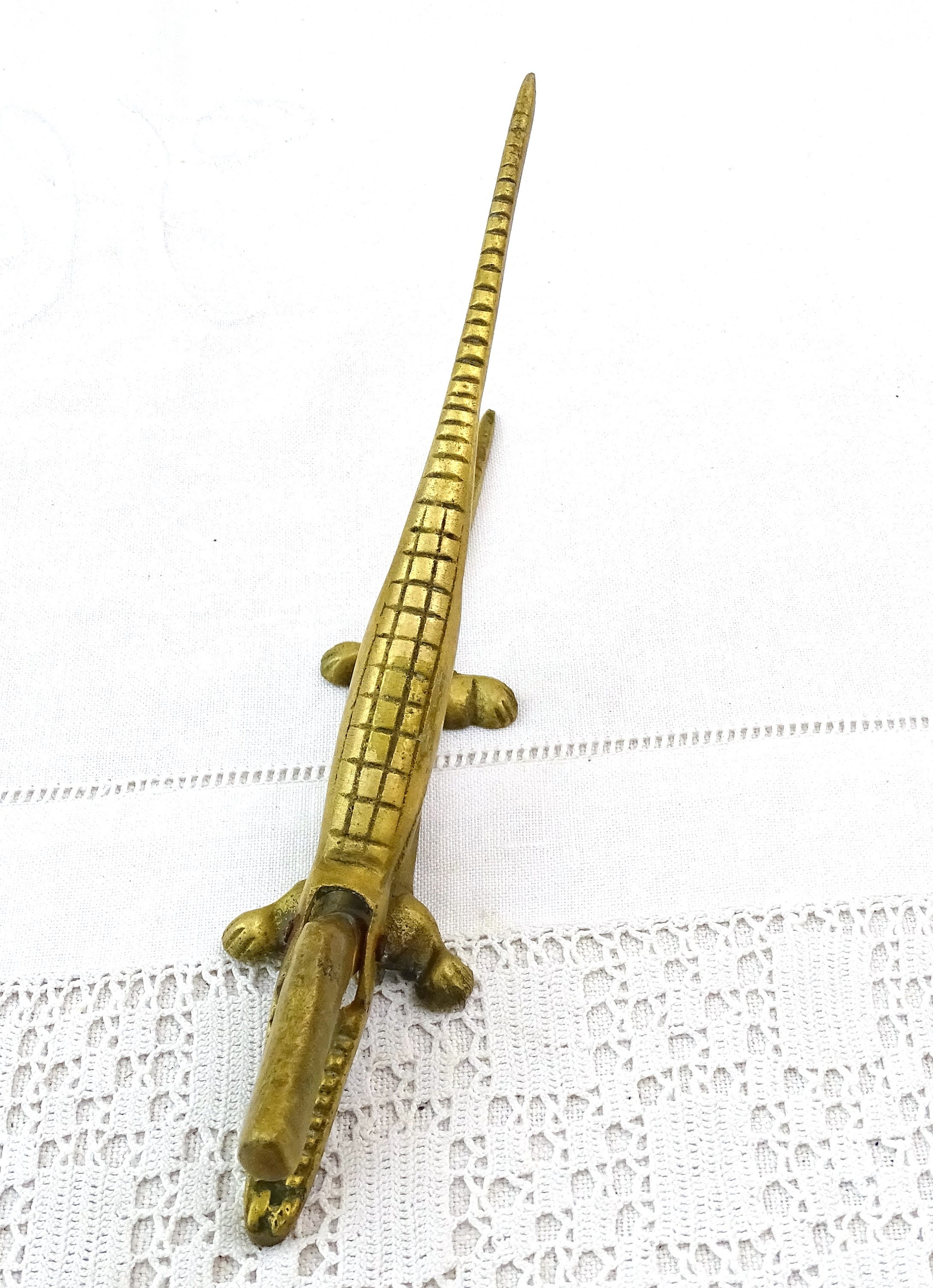 Vintage Brass Crocodile Nut Cracker, Retro Primitive Yellow Tone Cast ...