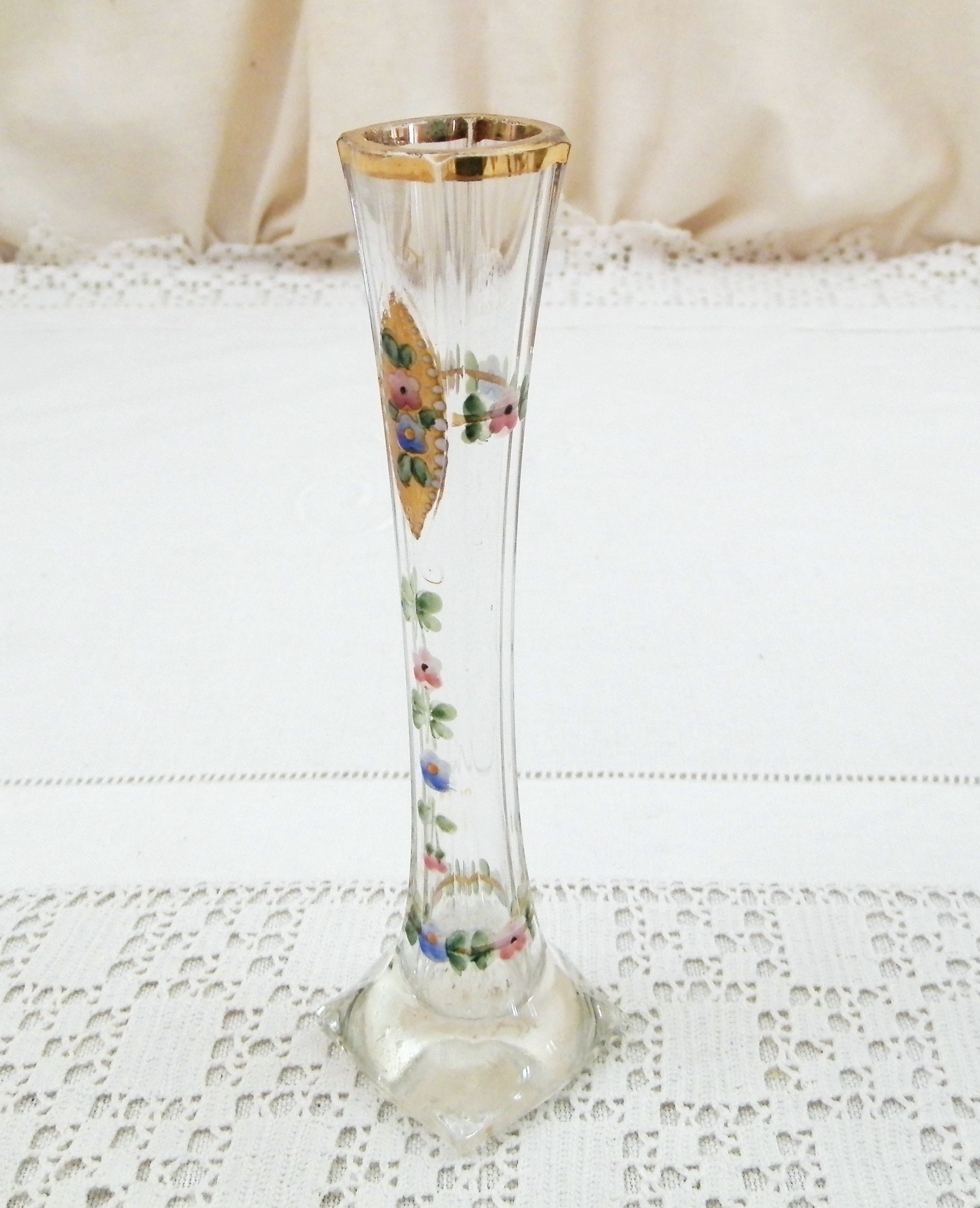 Antique French Tall Slim Hand Painted Clear Glass Posy Vase with Small ...