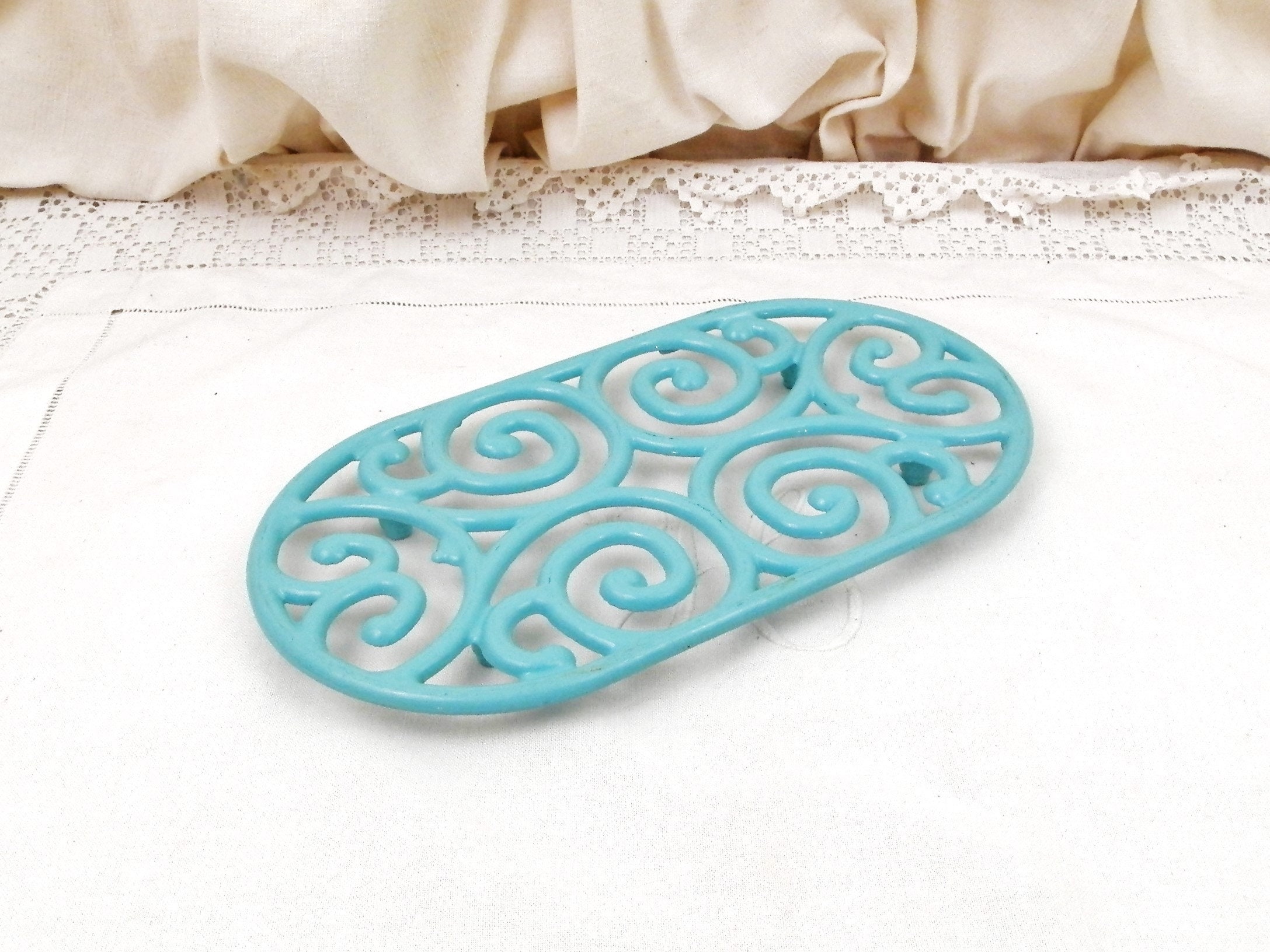 Large Vintage French Oval Turquoise Blue Enameled Metal Trivet, Big ...