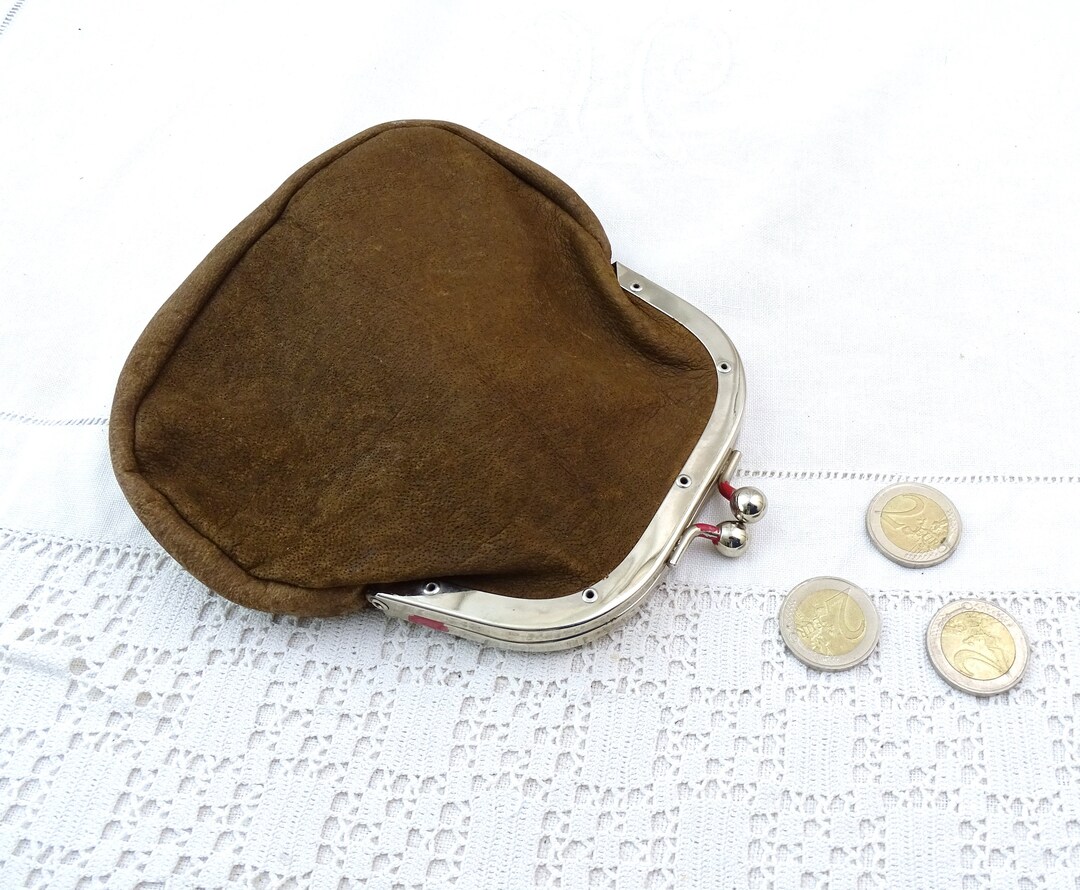 Large Antique French Leather Coin Purse With Metal Clasp, Big Vintage ...