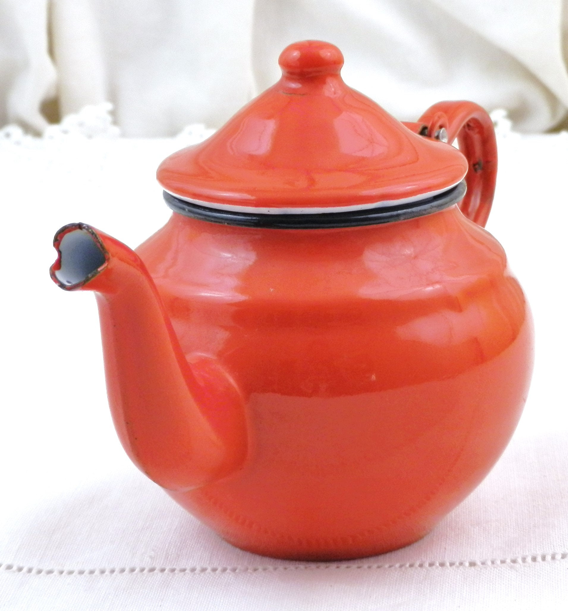 Small Vintage Unused Red Enamel Tea Pot with Goose Neck Spout, French ...