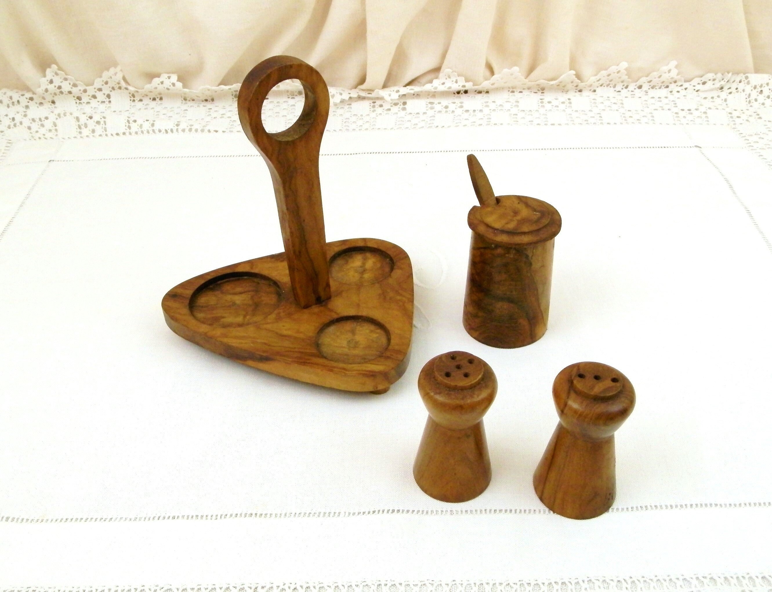 Vintage French 1960 Mid Century Olive Wood Condiment Set with Holder ...