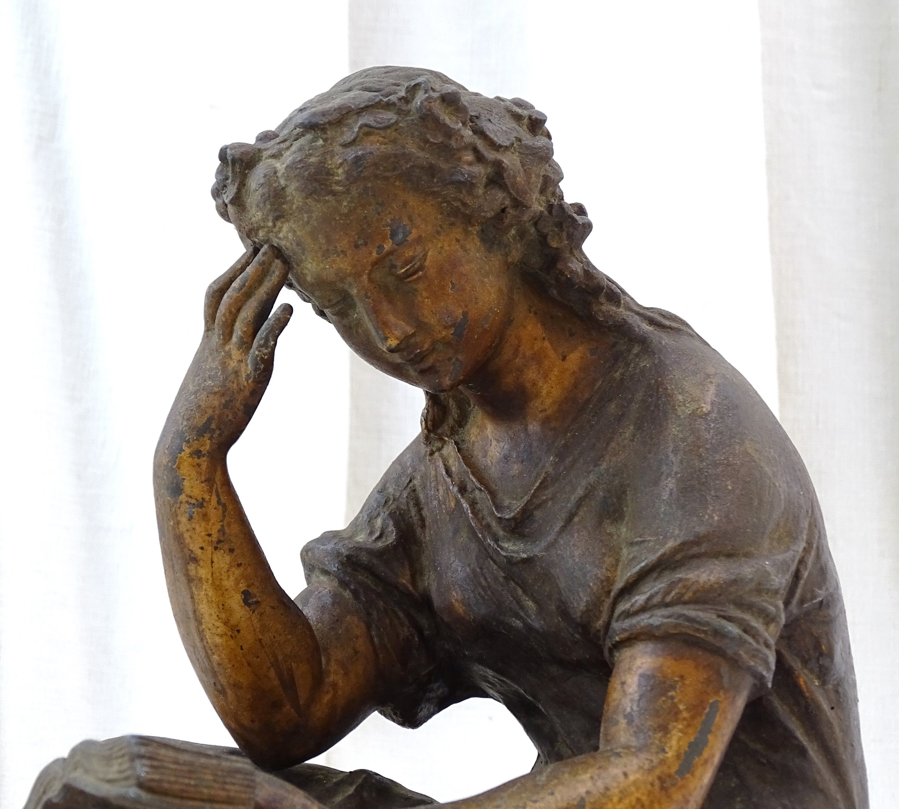Antique French Statue of Sitting Girl Reading with Bronzed Patina on ...