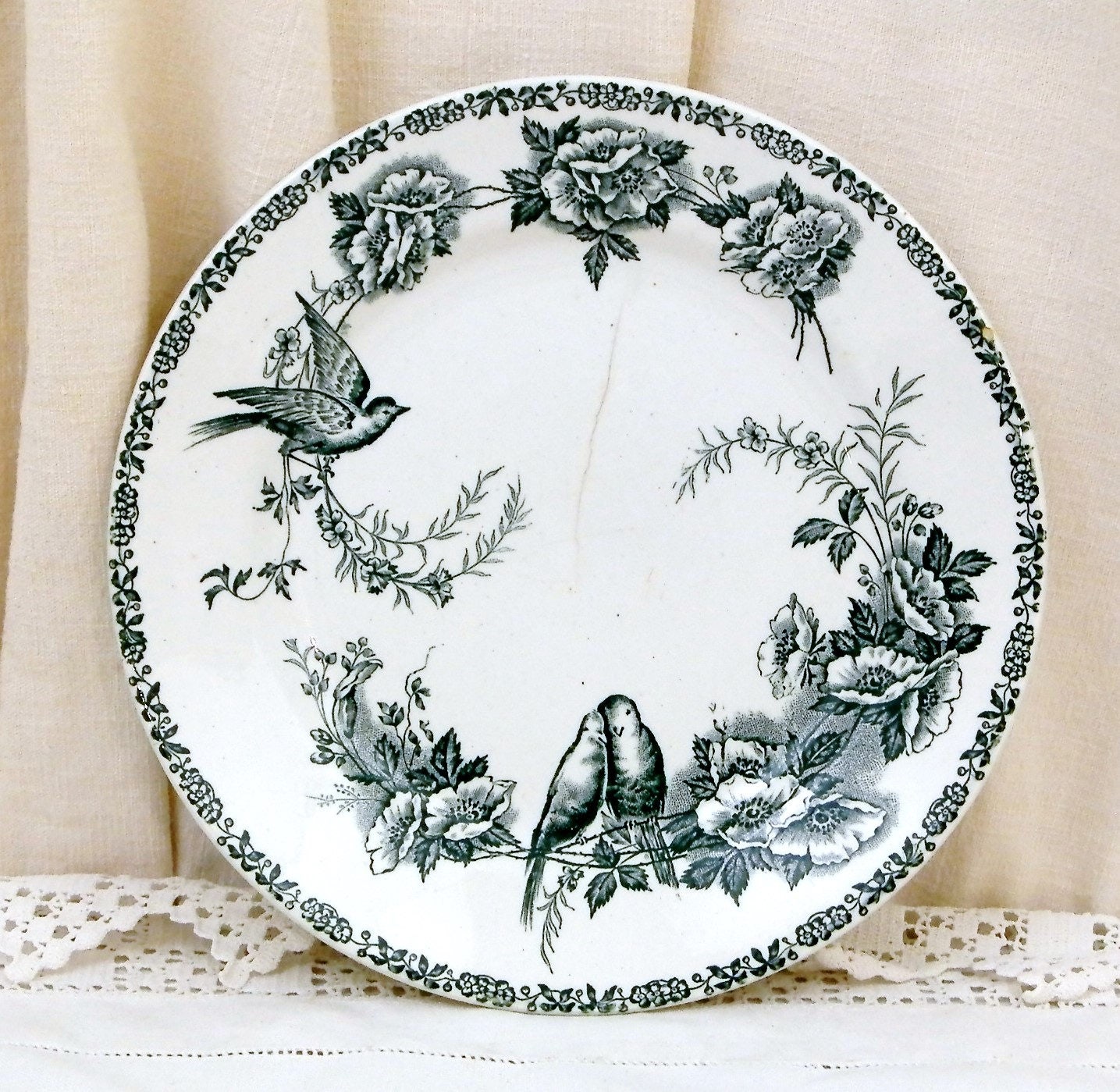 Antique French Ironware Plate With Bird / Bluetit and Rose Flower ...