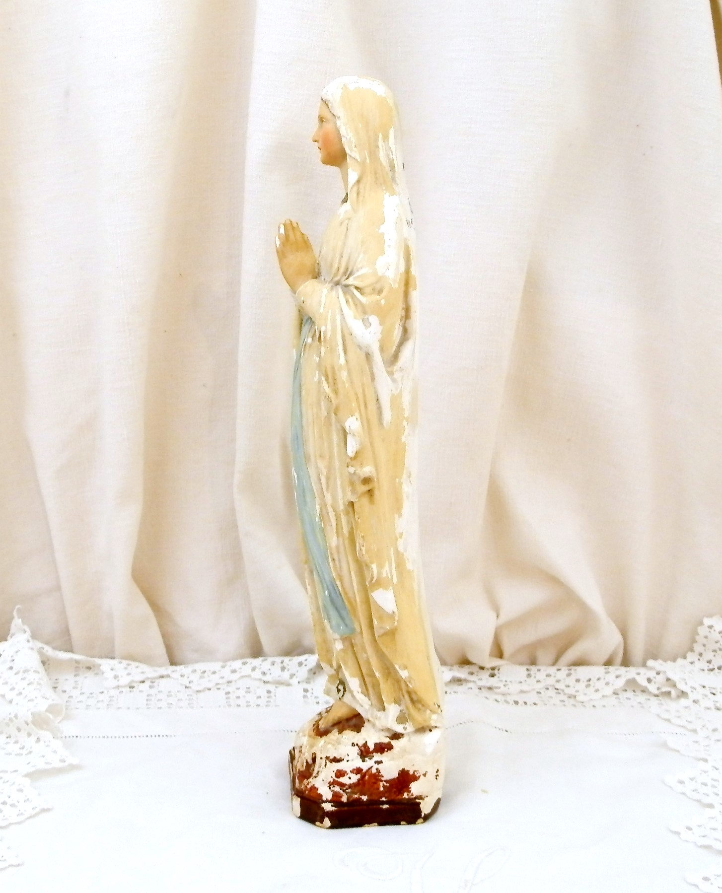 Antique French Chalkware Statue of Virgin Mary, Chippy Plaster ...
