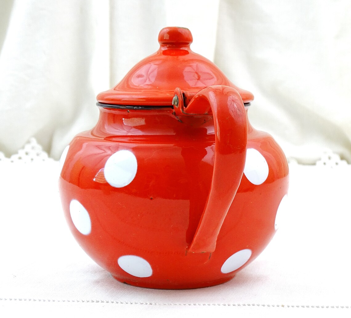 Small Vintage Chippy Red and White Polka Dot Enamelware Tea | Etsy