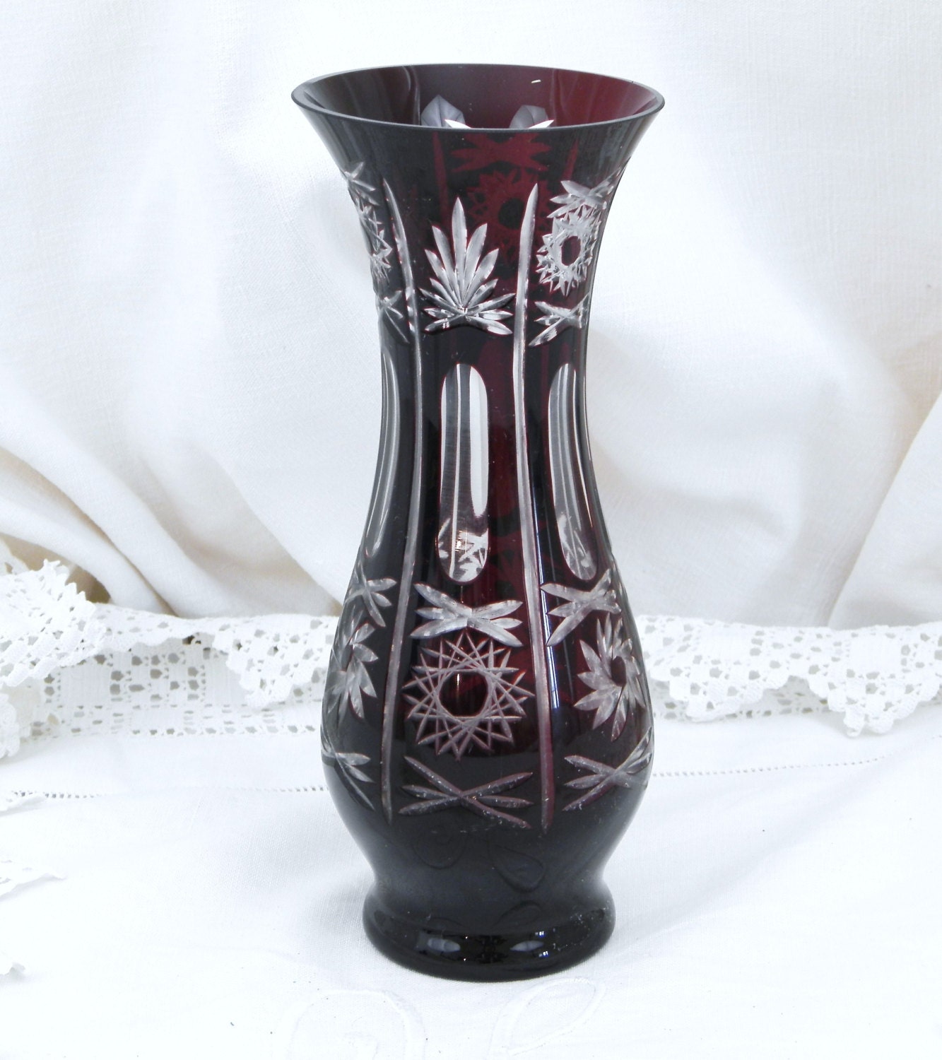 Vintage Colored Cut to Clear Glass Vase Dark Purple Bohemian Style Mid ...