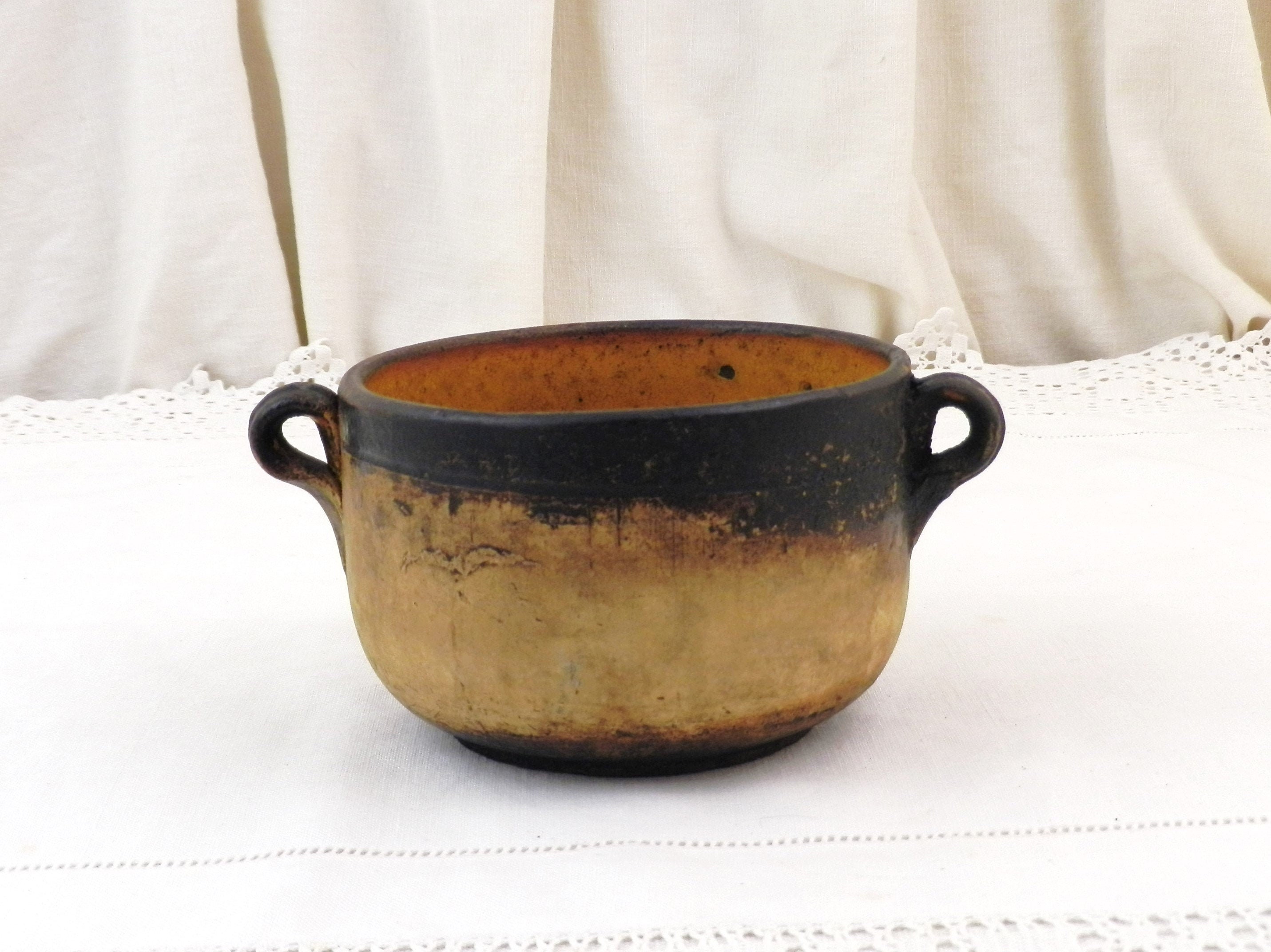 French Antique Rustic Rural Pottery Soup Bowl With Side Handles ...