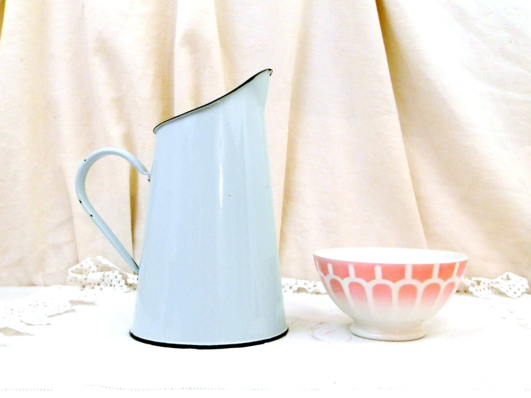 Vintage Mint Green Enamel French Pitcher, Enamelware Pale Green Jug ...