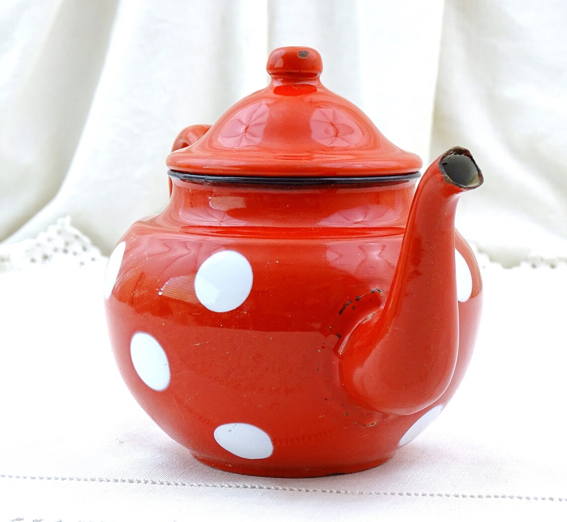 Small Vintage Chippy Red and White Polka Dot Enamelware Tea Pot, Bright ...