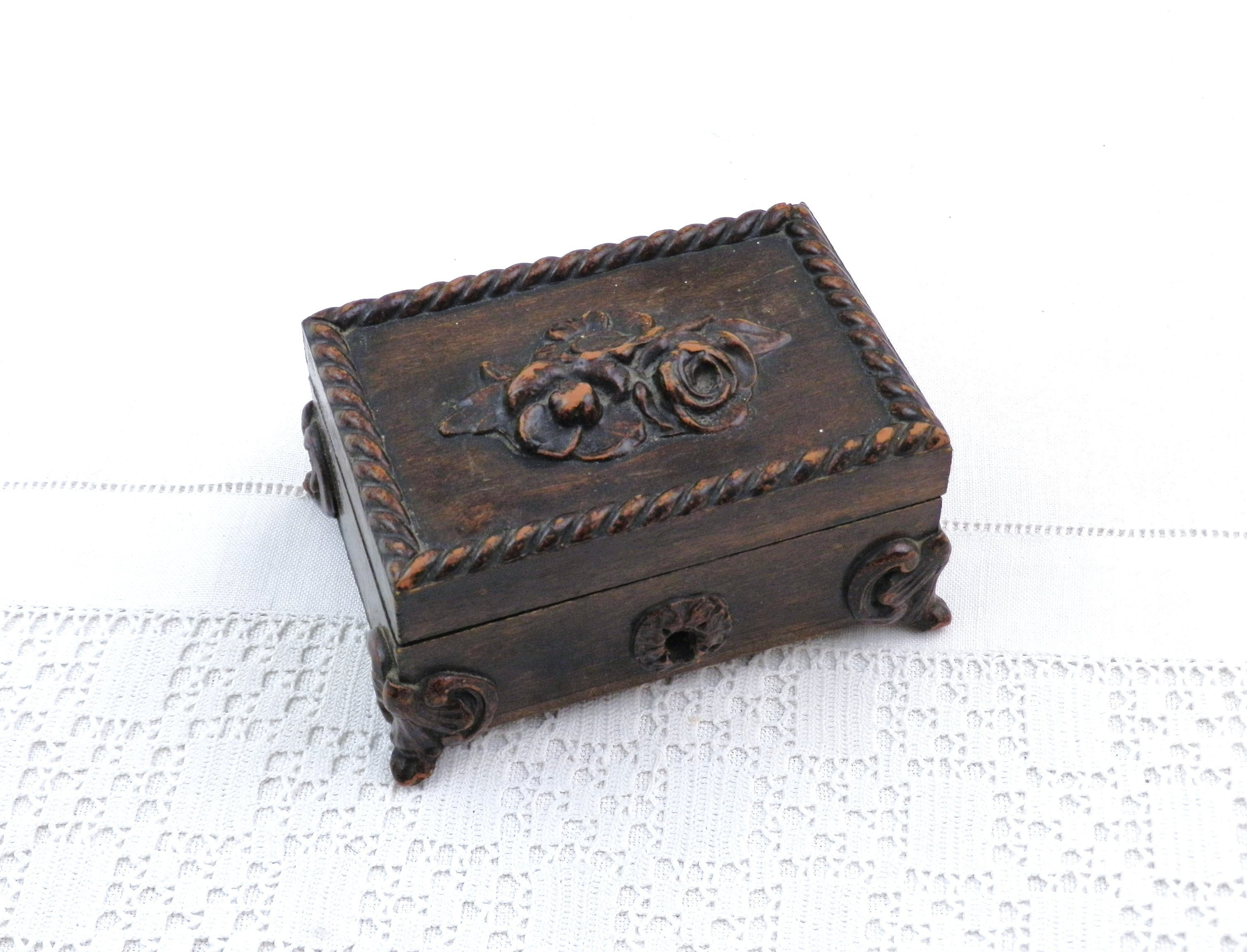 Small Antique French Decorative Wooden Box with Rose Pattern on the Lid ...