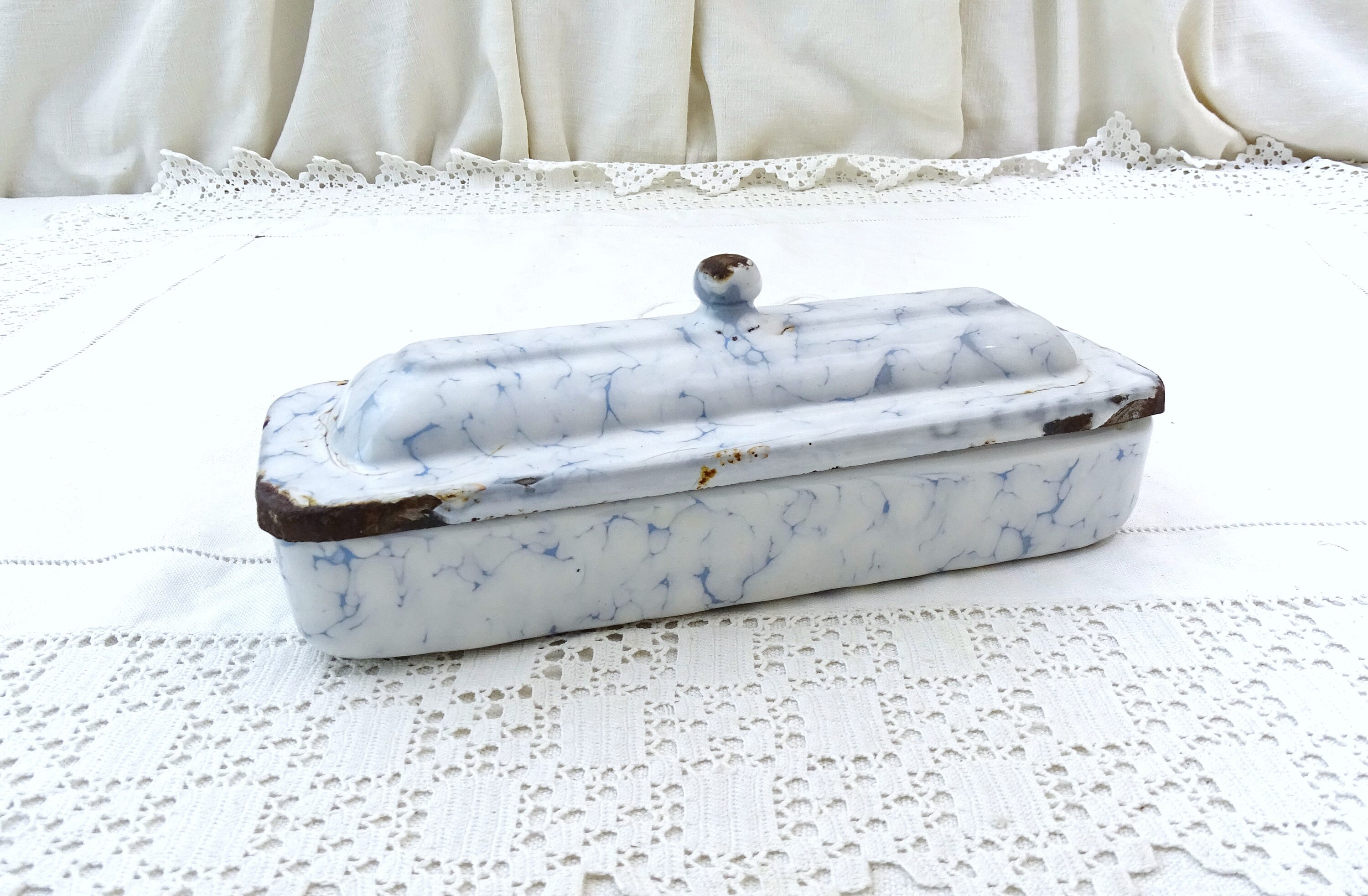 Antique French Chippy Mottled Blue and White Rectangular Lidded Box by ...