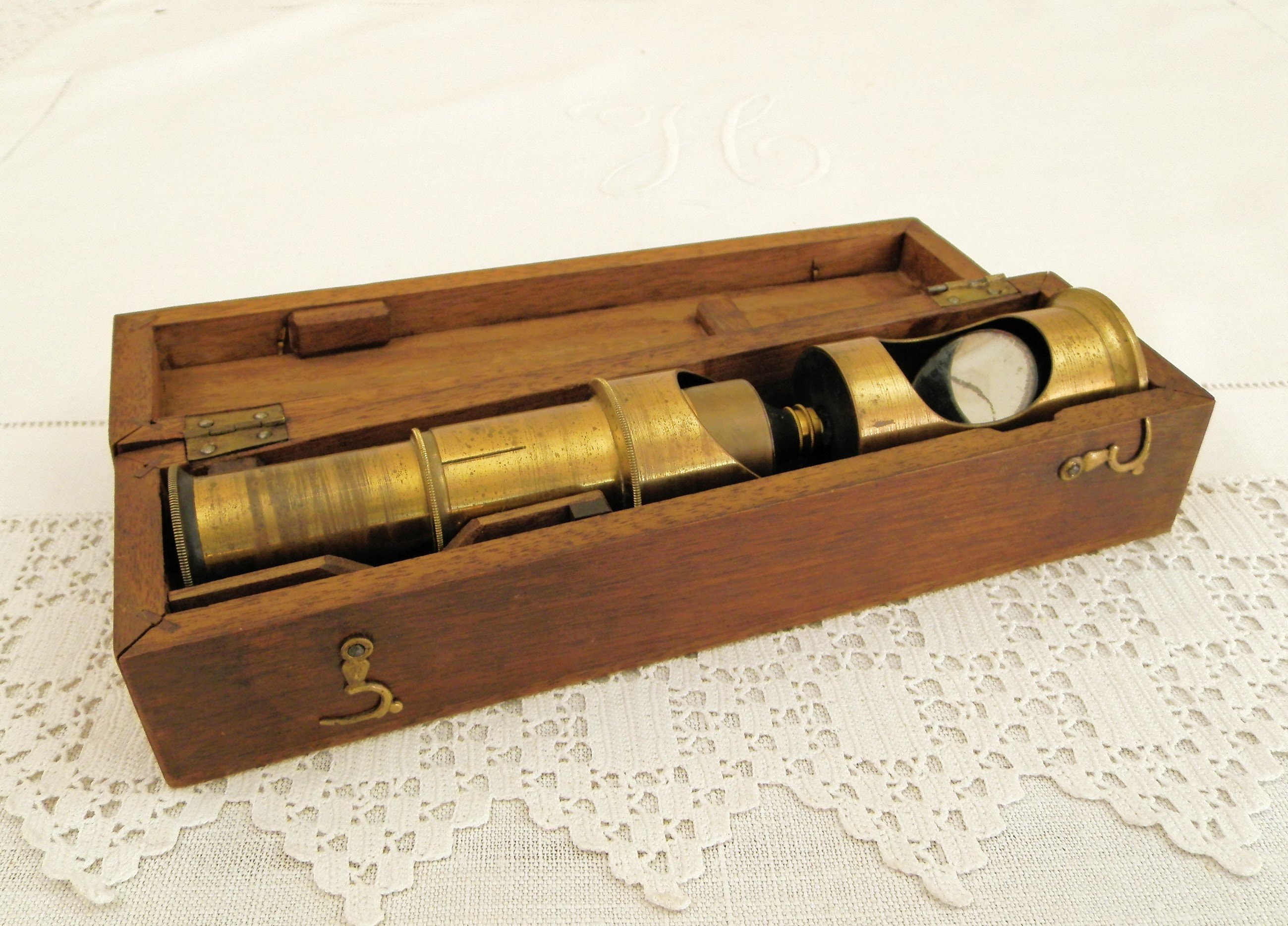 Antique 19th C Boxed Brass Field Microscope with Glass Slide, Victorian ...