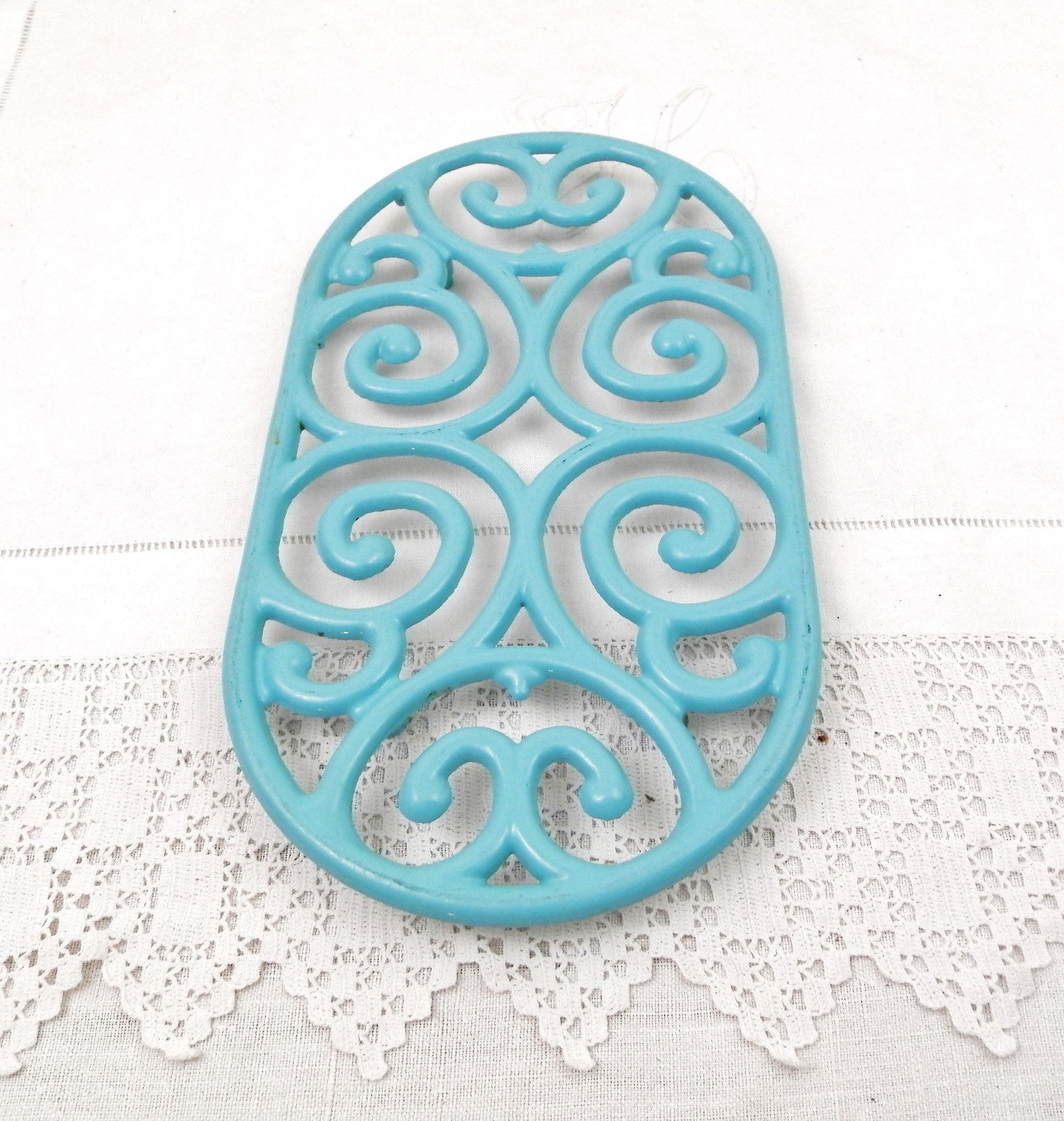 Large Vintage French Oval Turquoise Blue Enameled Metal Trivet, Big ...