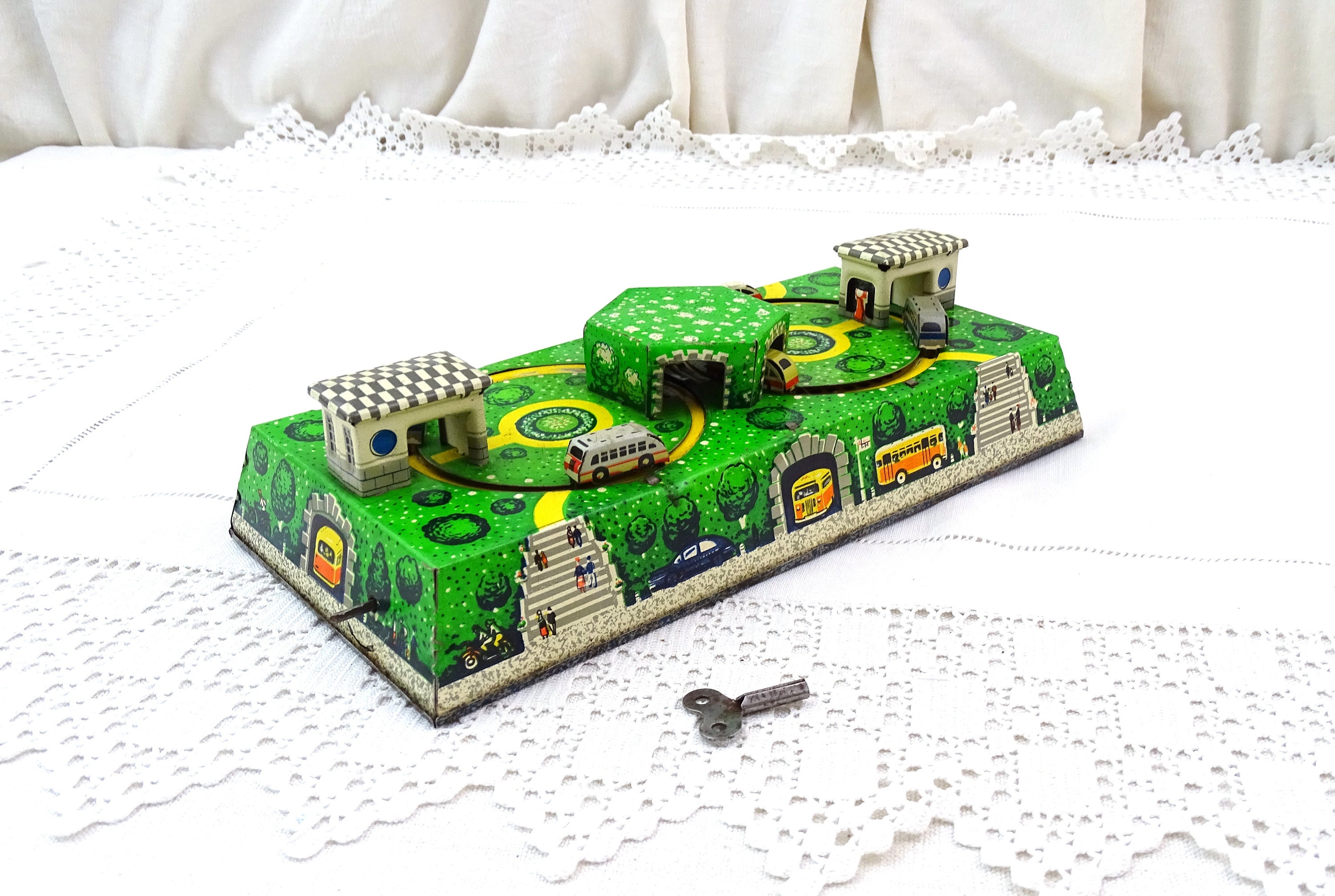 Vintage Working Wind Up Mechanical Tin Toy Bus Station, Retro Autobus ...