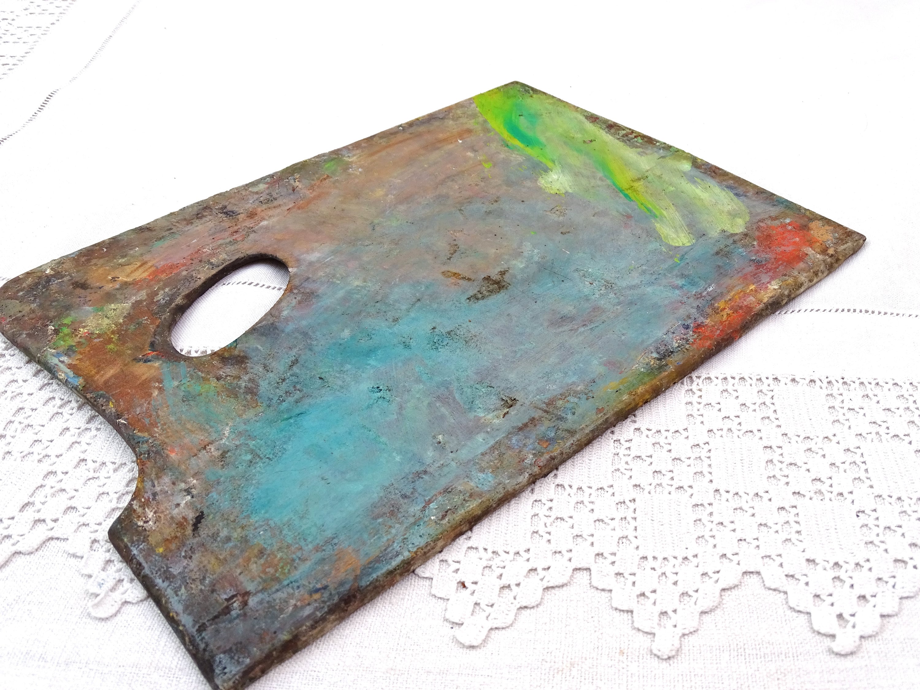 Vintage Rectangular Used Wooden Artist's Oil Paint Color Palette, Retro ...