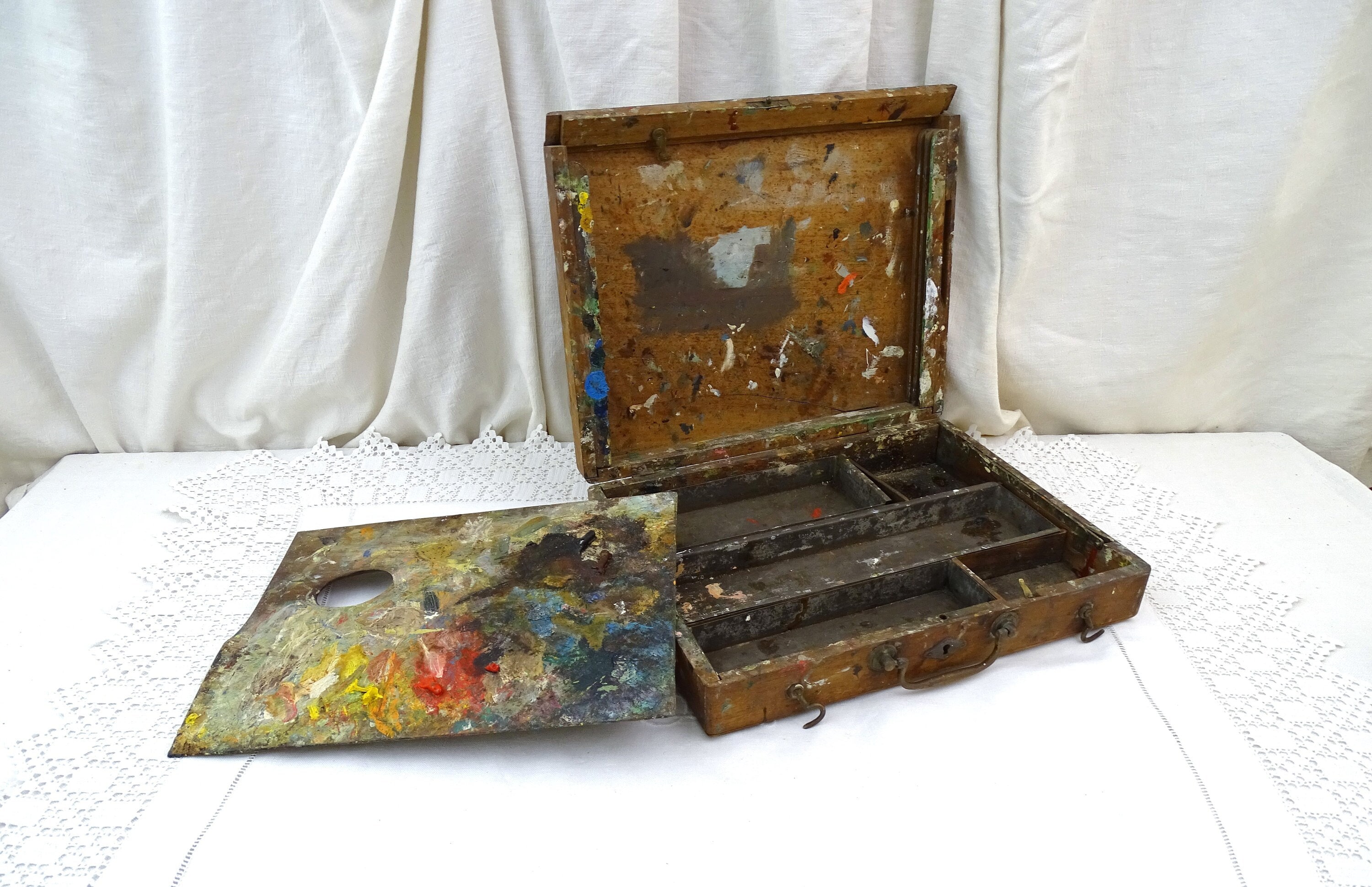 French Antique Wooden Artist's Paint Box with Colorful Palette, Vintage ...