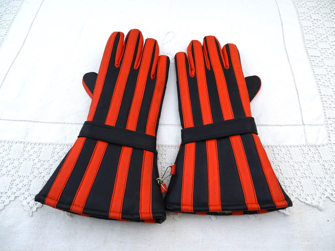 Vintage 1970s 1980s Small Black and Red Vinyl Moped Gauntlet Gloves ...