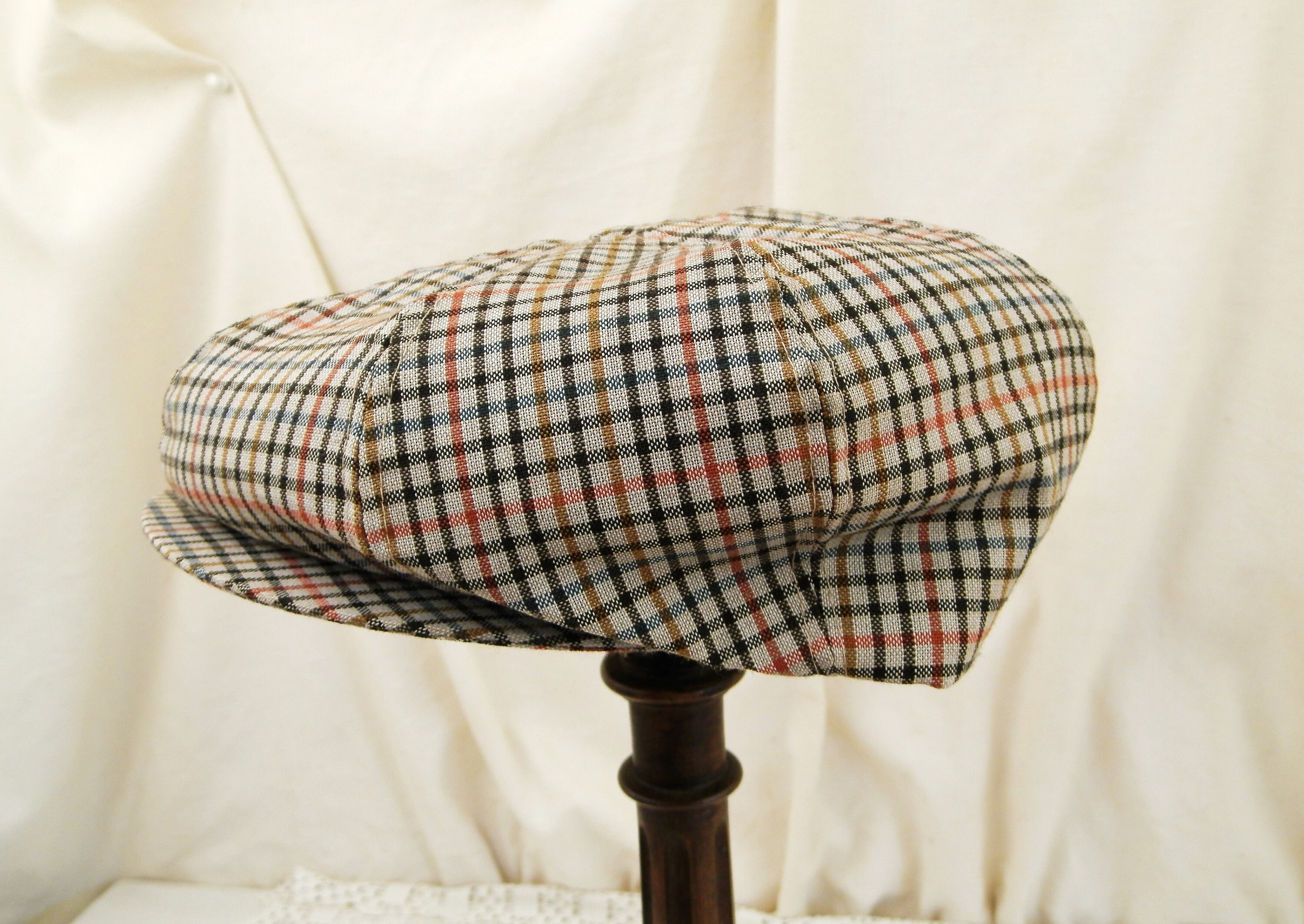Vintage French Unused Brown Chequered Fabric Cloth Button Topped Flat ...