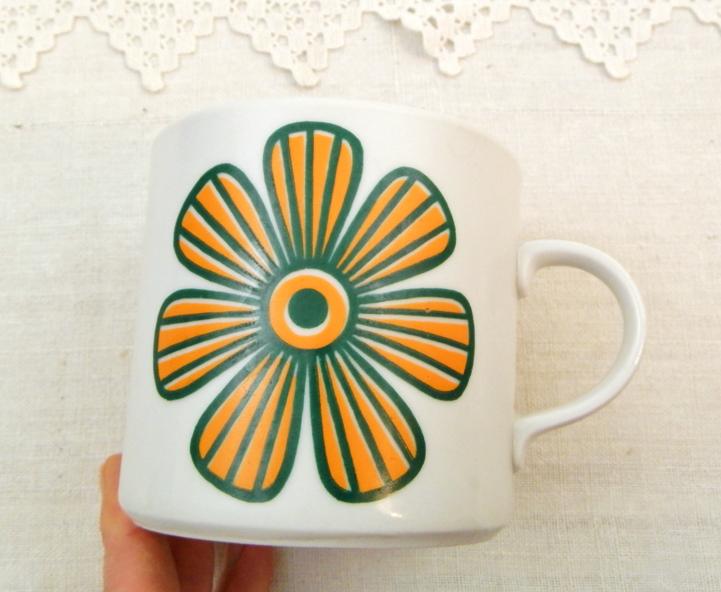 Large Vintage German 70s Porcelain Kahla Coffee Mug White with an Orange and Green Flower ...