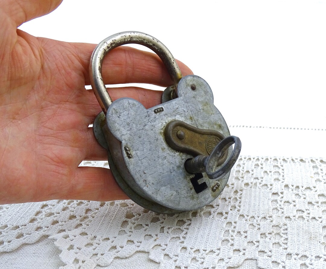 Large Vintage French Metal Padlock With 1 Working Key and Weathered ...