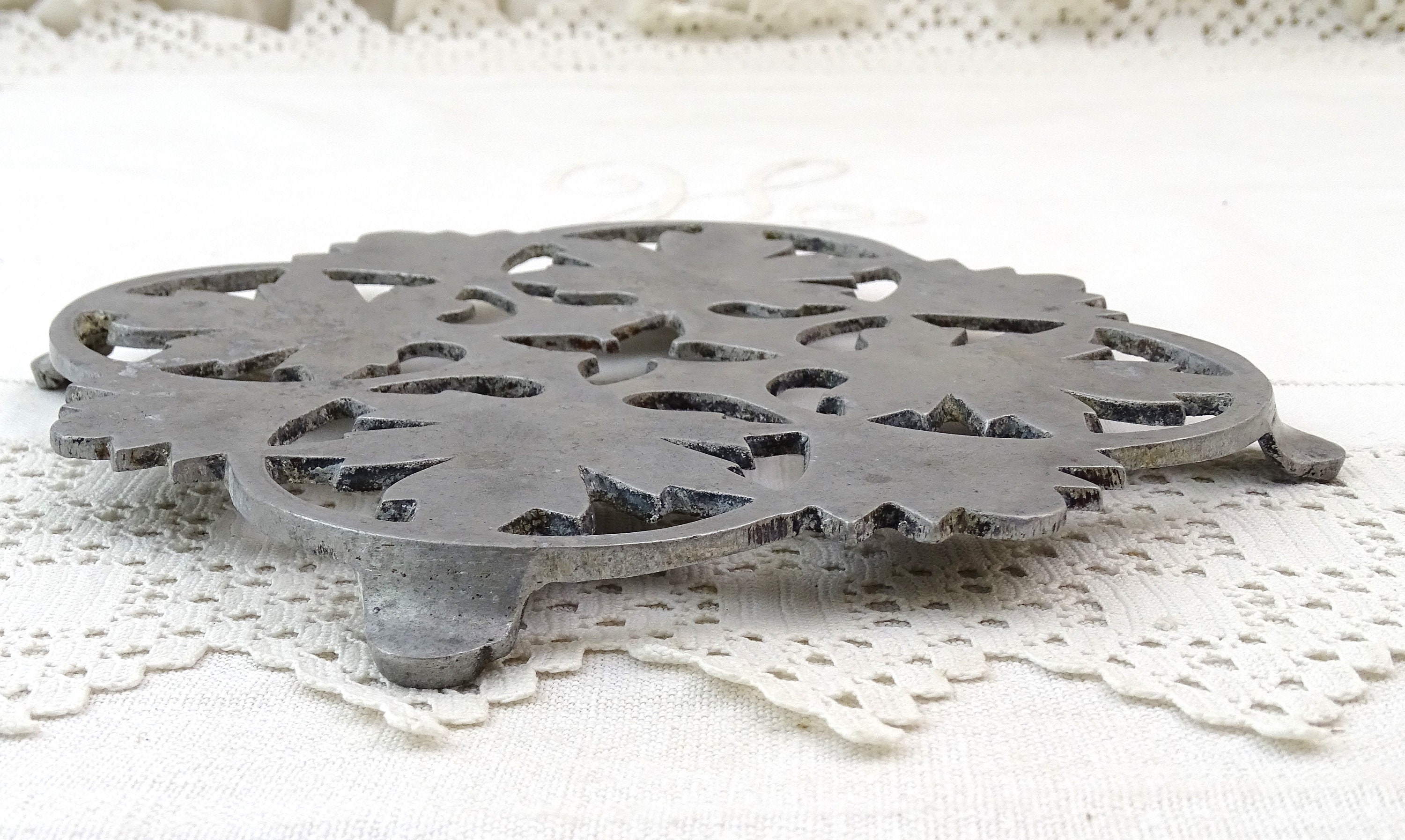 Vintage French White Metal Kitchen Trivet with Cut Out Design, Retro ...