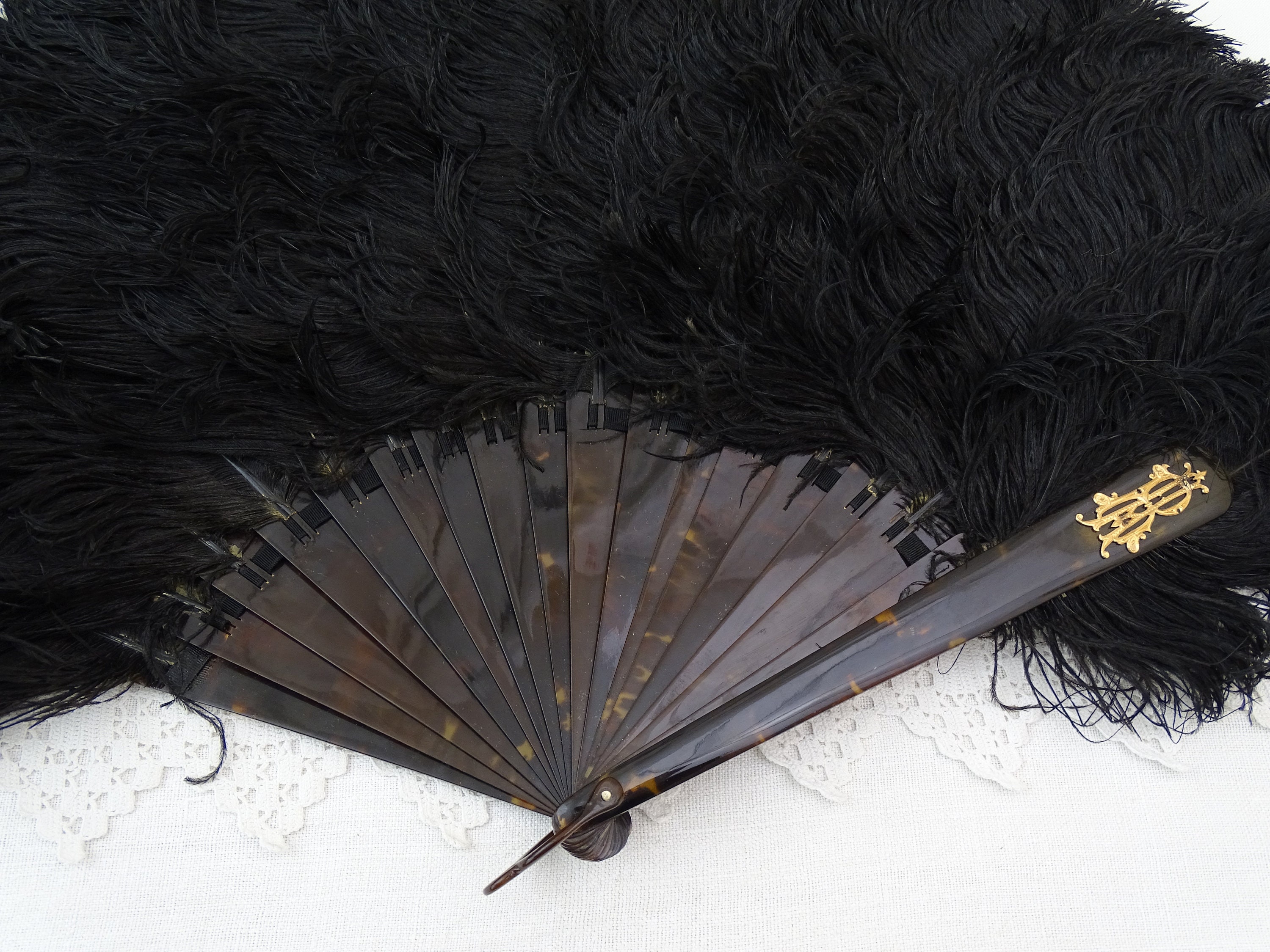 Antique French Black Ostrich Feather Folding Hand Fan with Mottled ...