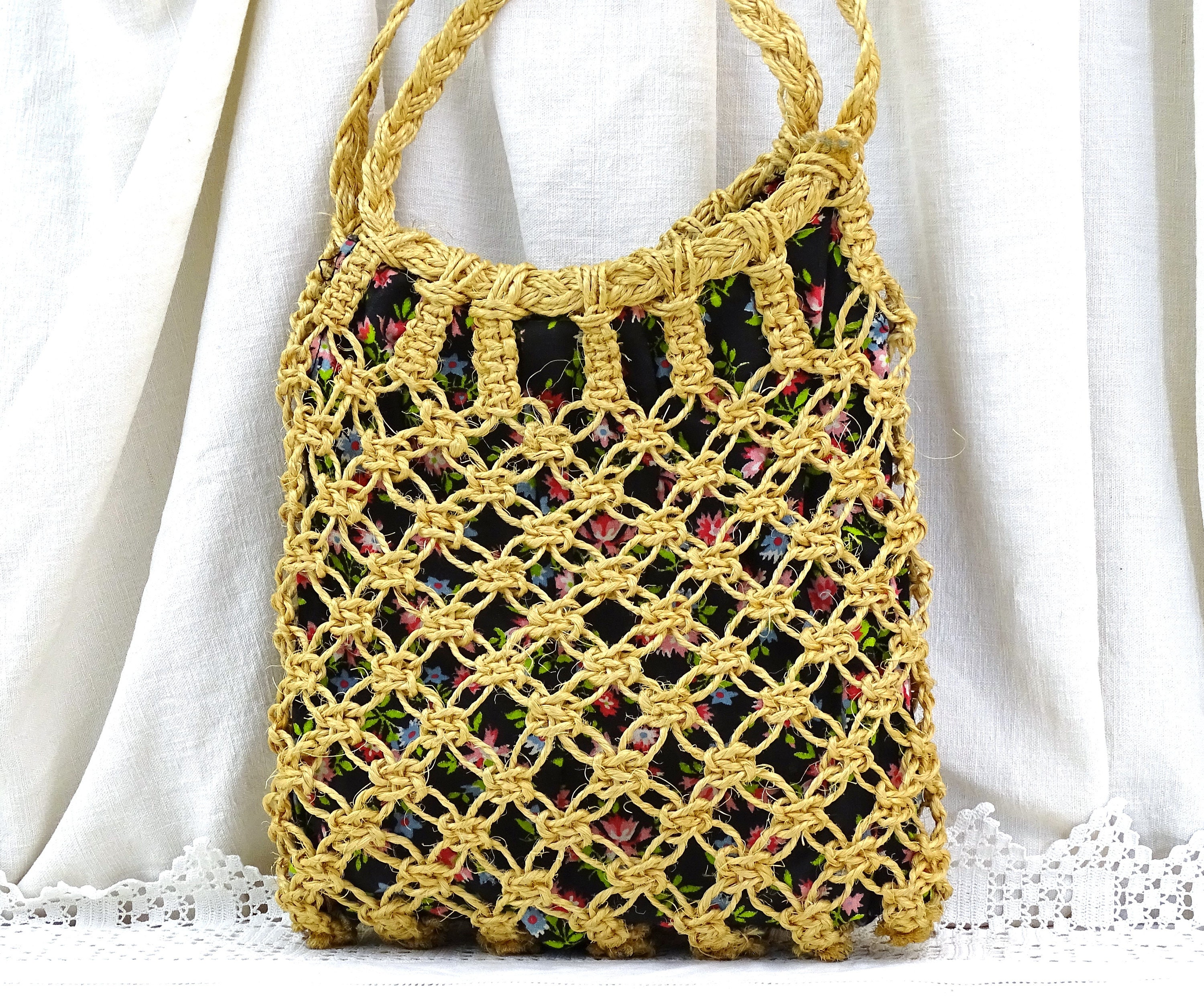 1960s Vintage French Macramé Raffa Summer Shoulder Bag Lined with Black ...