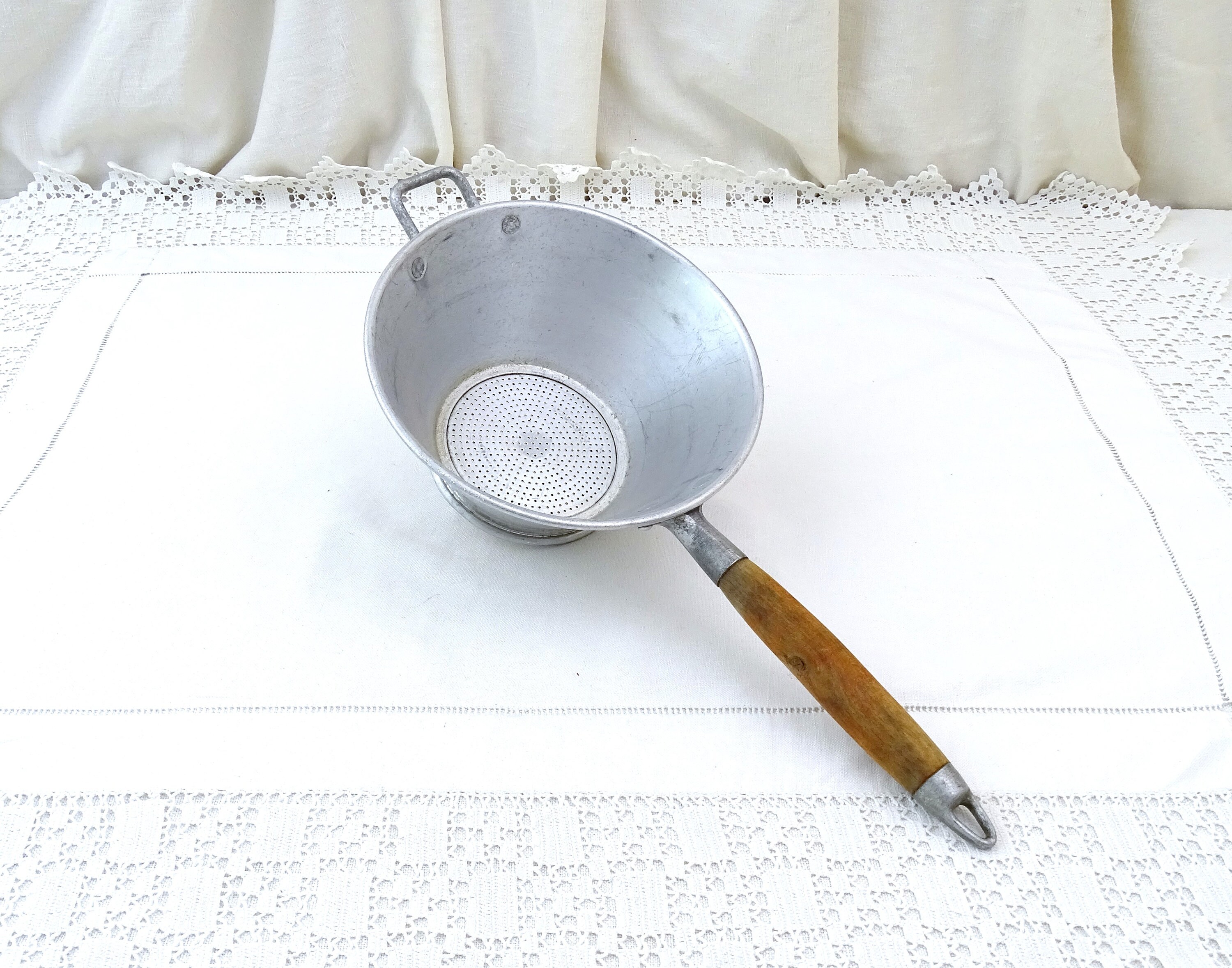 Vintage French White Metal Kitchen Strainer / Colander with Wooden ...