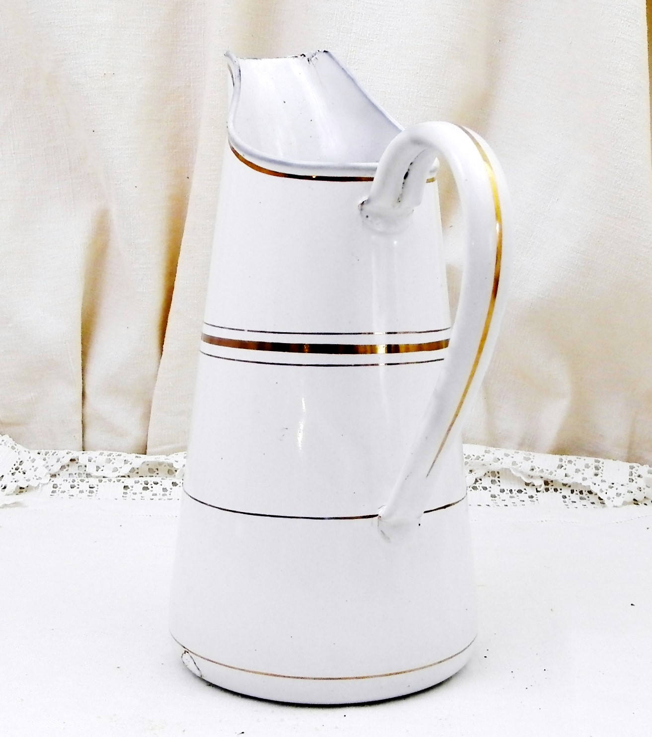 Antique French White with Gold Bands Enamelware Pitcher, Chippy Cottage ...