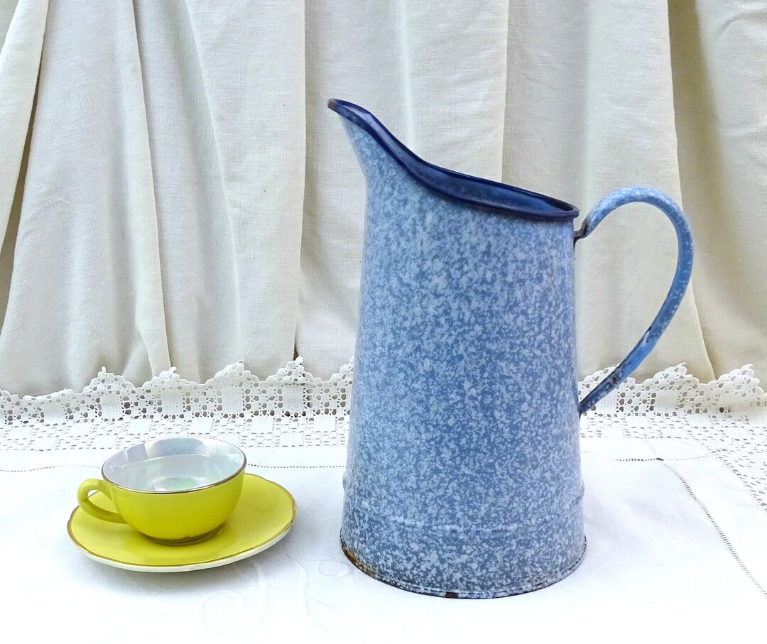 Vintage French White and Blue Granitware Chippy Metal Enamelware Water ...
