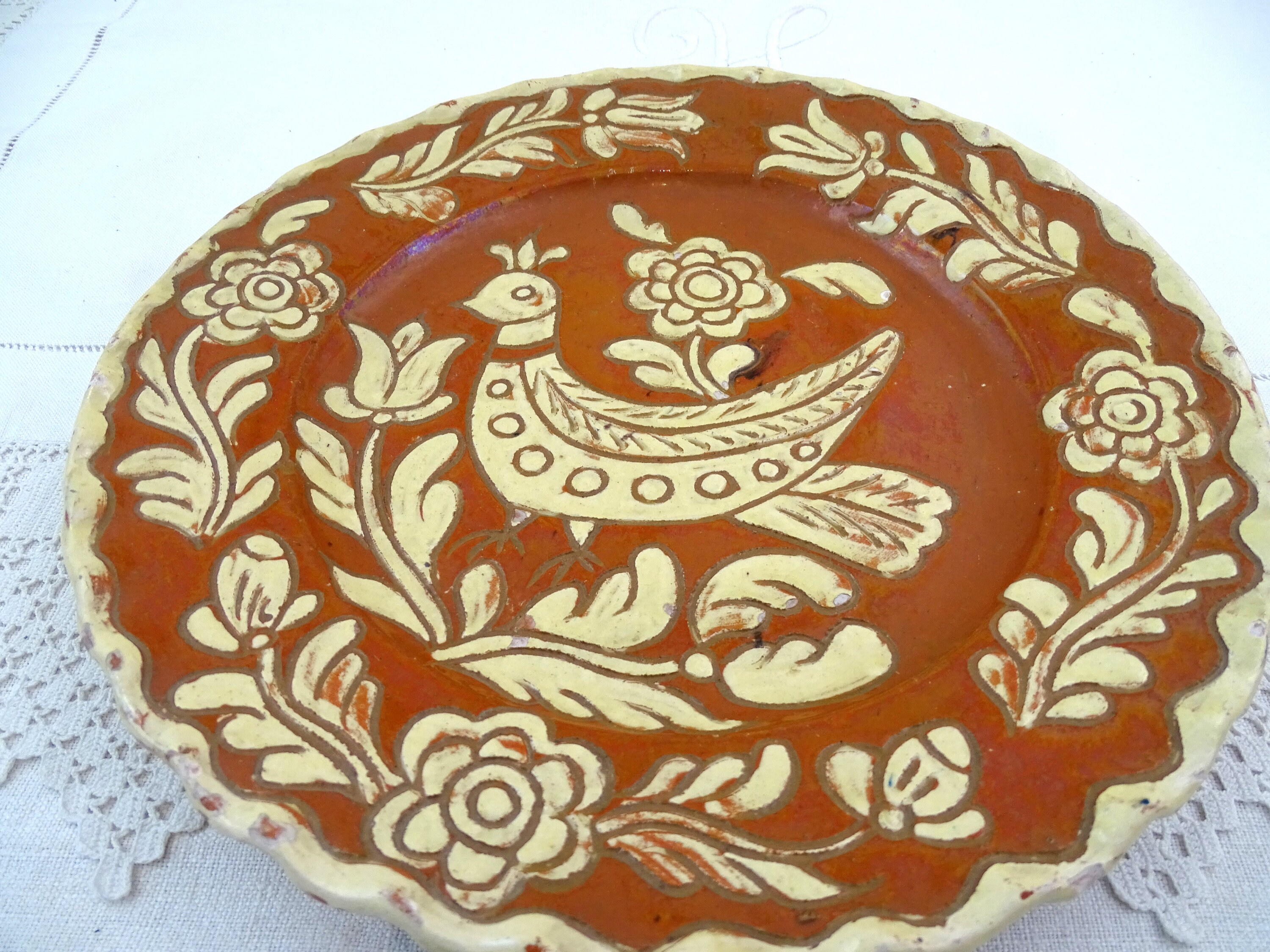 Vintage French Ceramic Redware Sgraffito and Slip Decorated Wall Plate ...