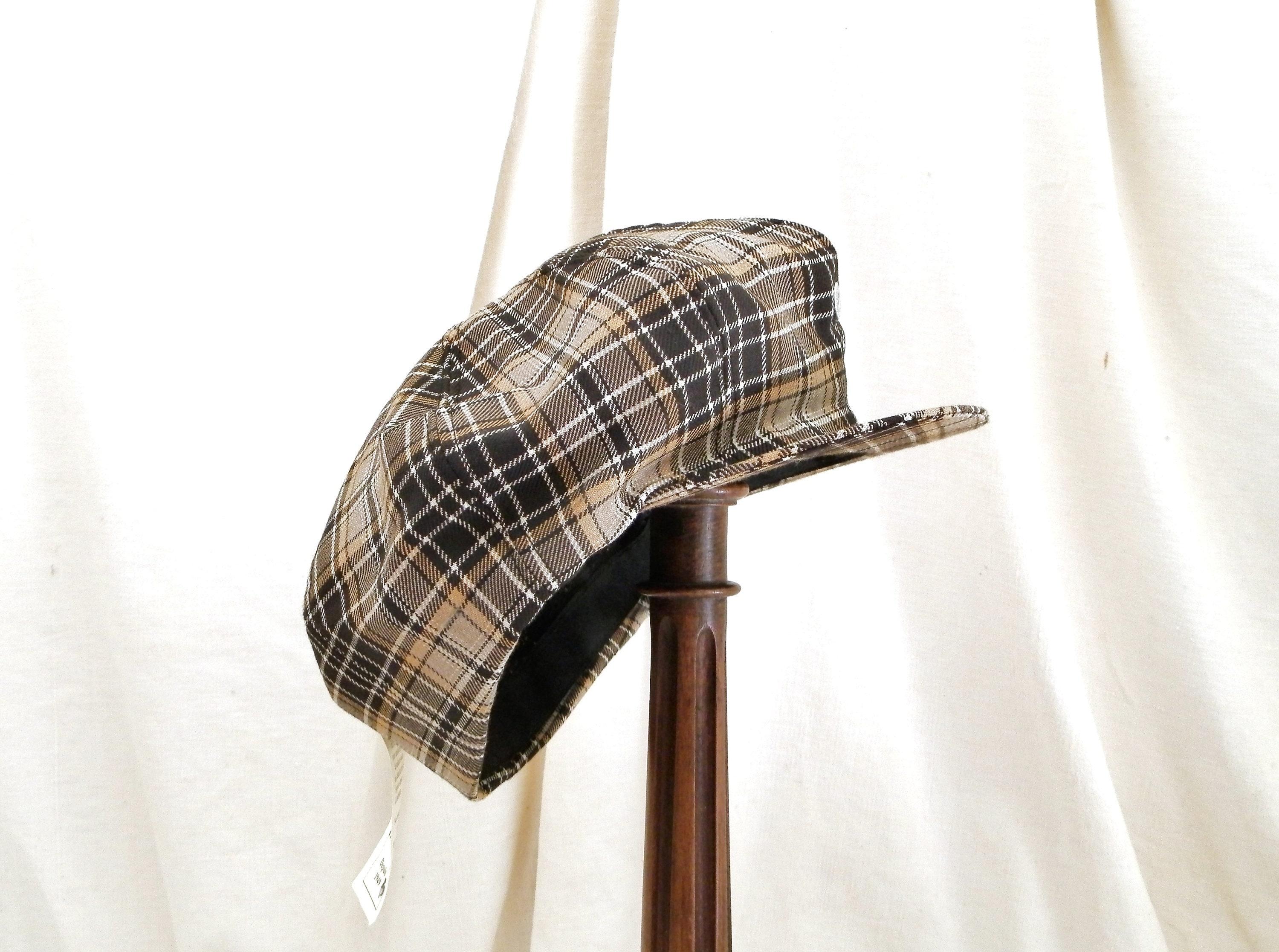 Vintage French Unused Chequered Brown Pattern Button Topped Flat Cap ...