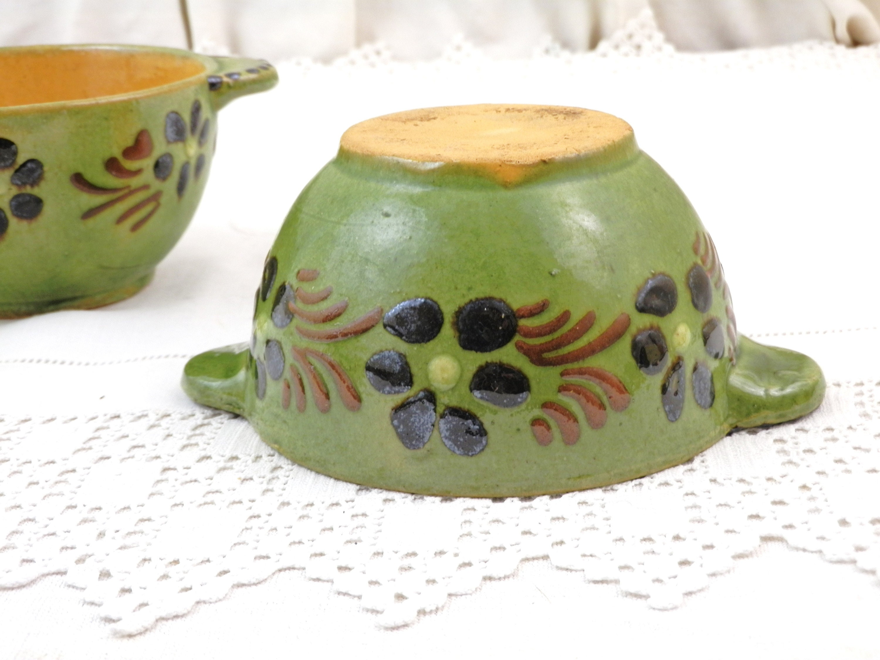 2 French Vintage Coffee Bowls with Ears and Slip Trailing Patterns ...