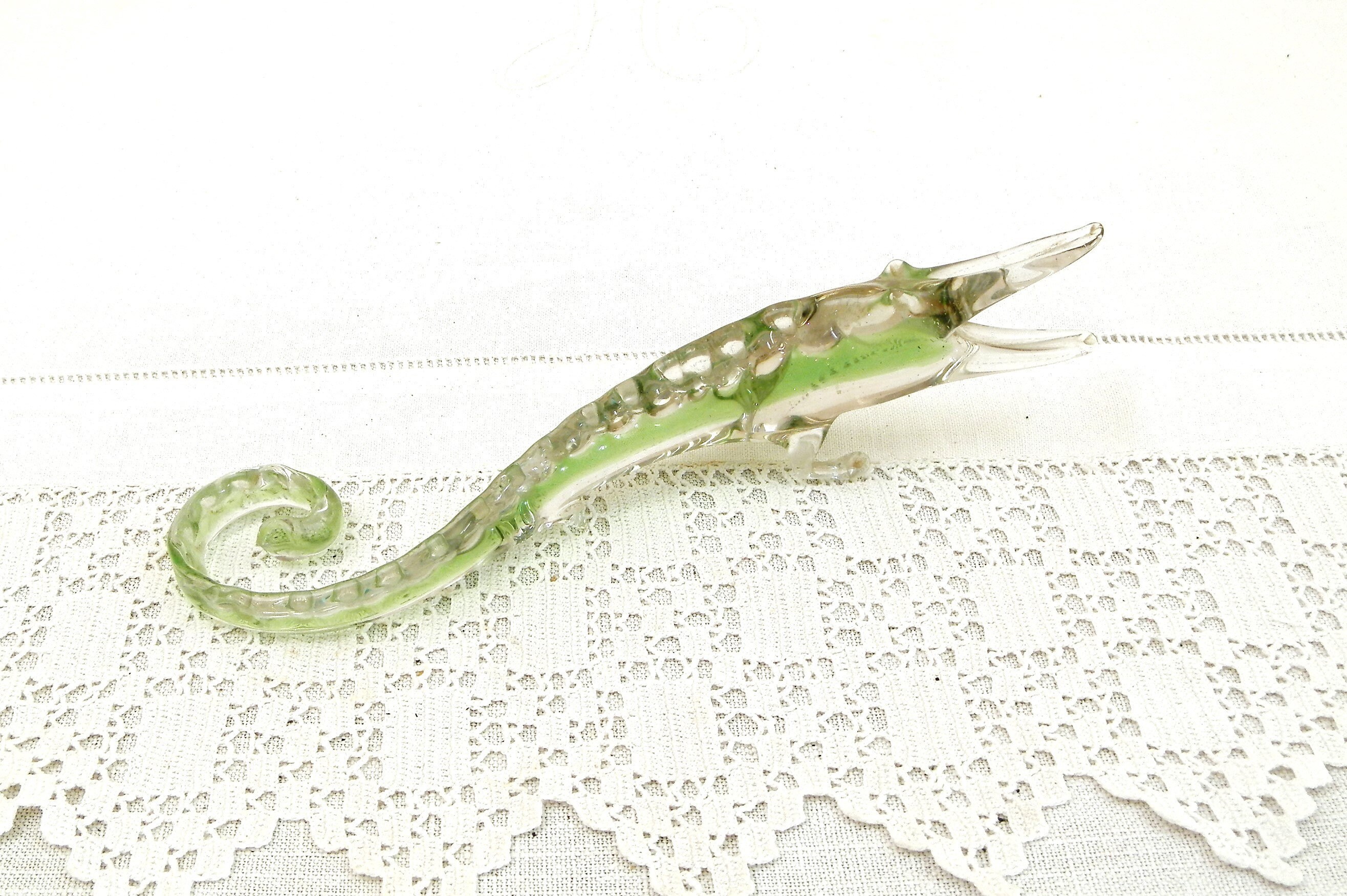 Vintage Hand Made Murano Style Alligator, Retro Clear and Green Glass ...