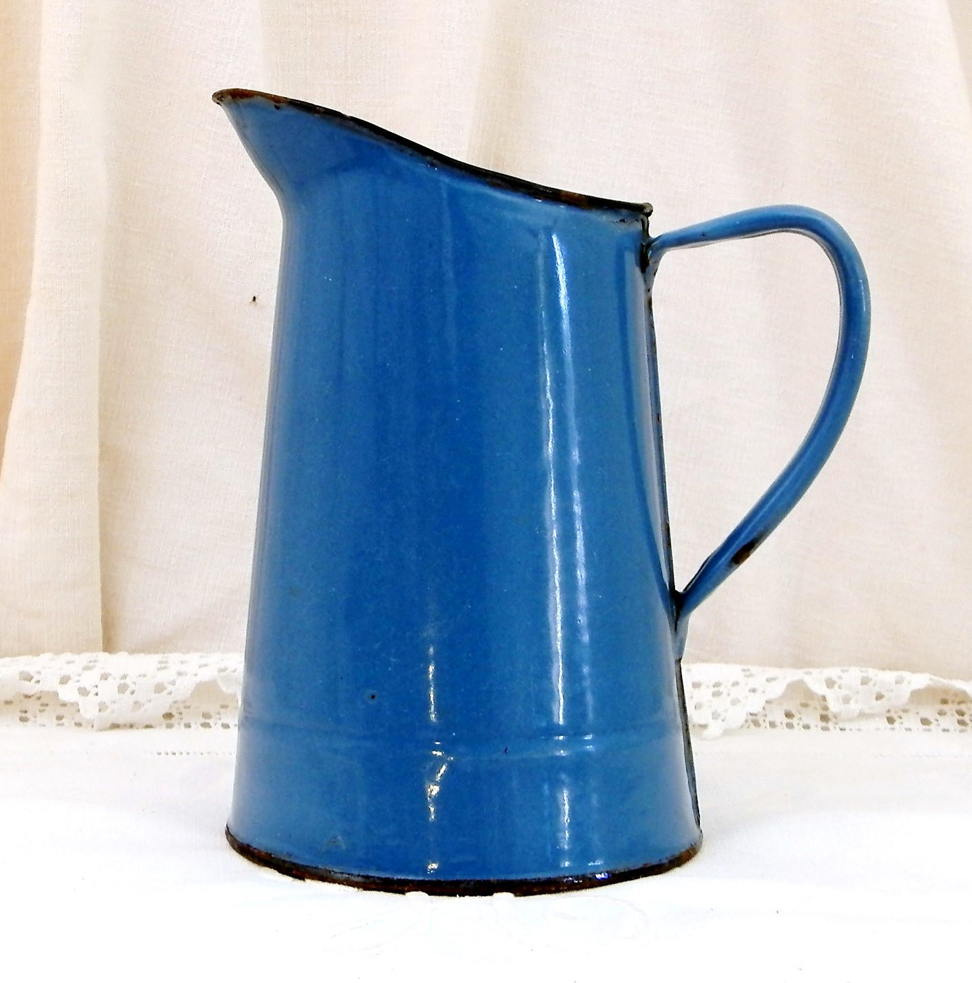 Antique French Bright Blue Enamel Pitcher, Chippy Cottage Kitchen ...