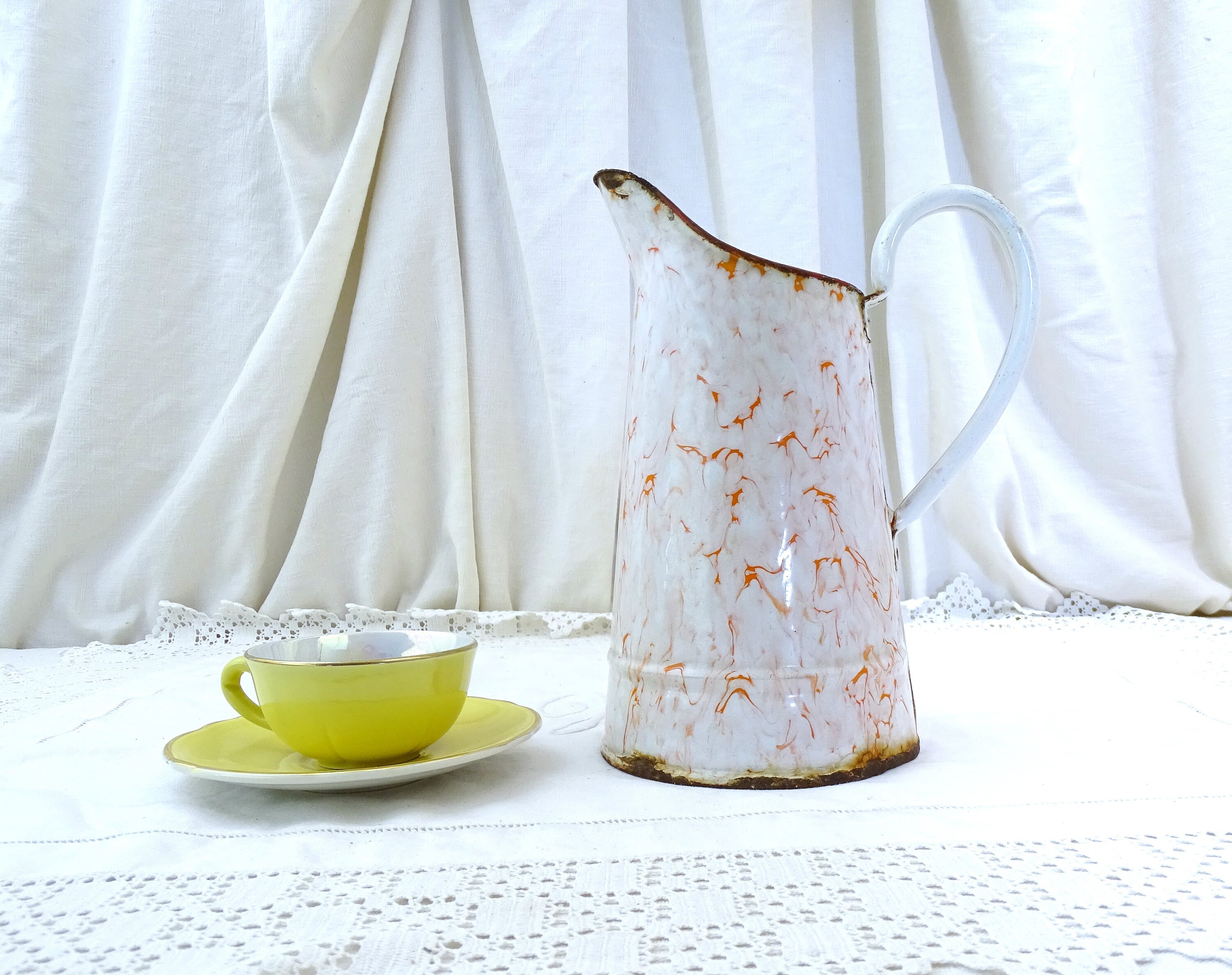 Vintage French White and Red Granitware Chippy Metal Enamelware Water ...