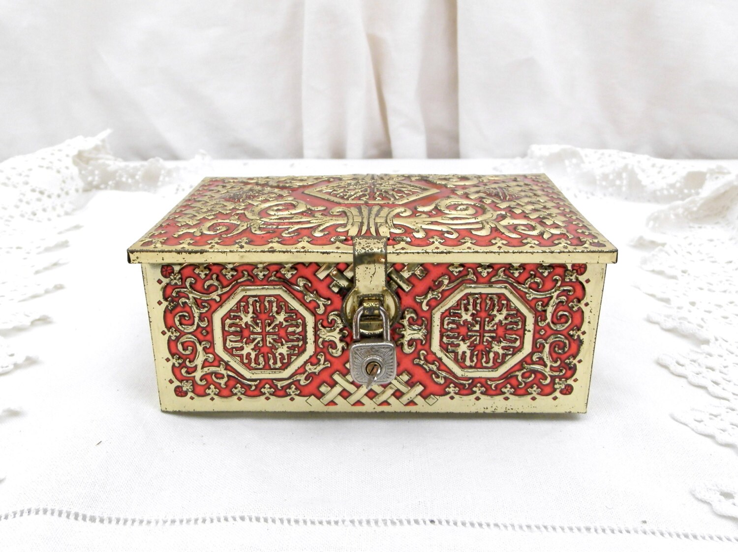 Vintage Chinese Inspired Red and Gold Colored Embossed Metal Tin with ...