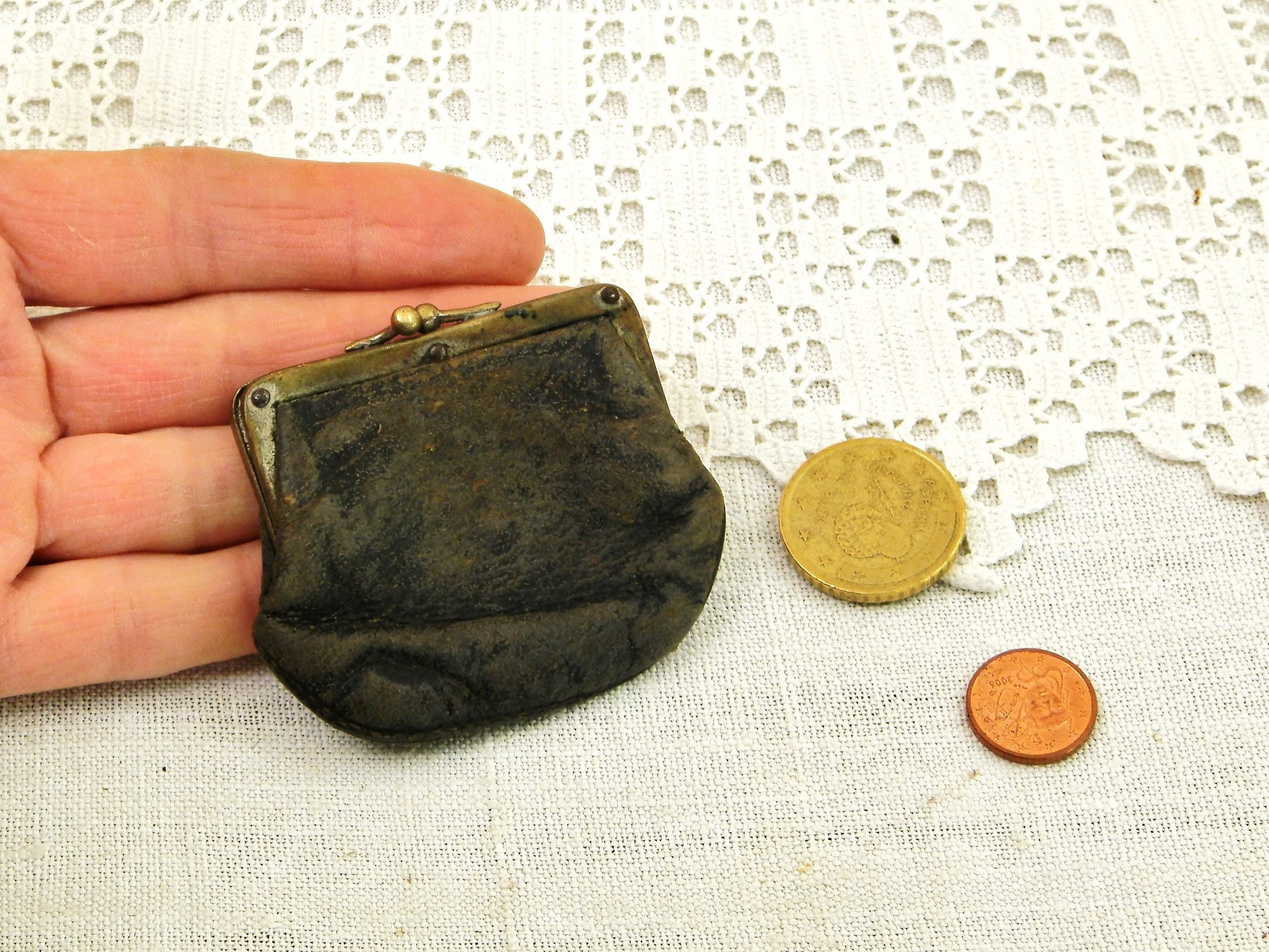 Small Antique French Woman's Leather Wallet with Metal Clasp and Inner ...